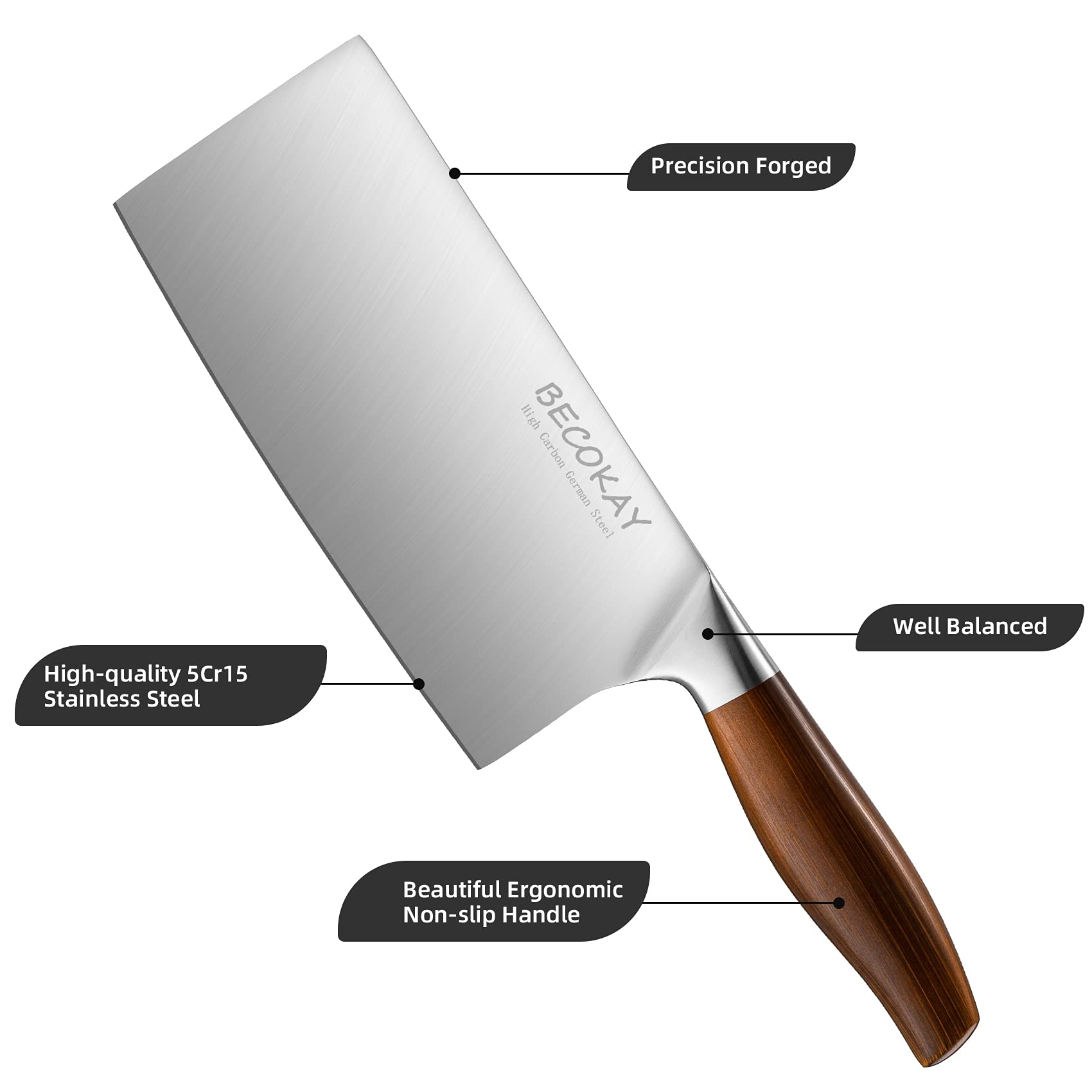 BECOKAY Meat Cleaver 7 inch Vegetable Cleaver Knife - Chinese Chef's Knife German High Carbon Stainless Steel Butcher Knife with Ergonomic Handle for Home Kitchen and Restaurant