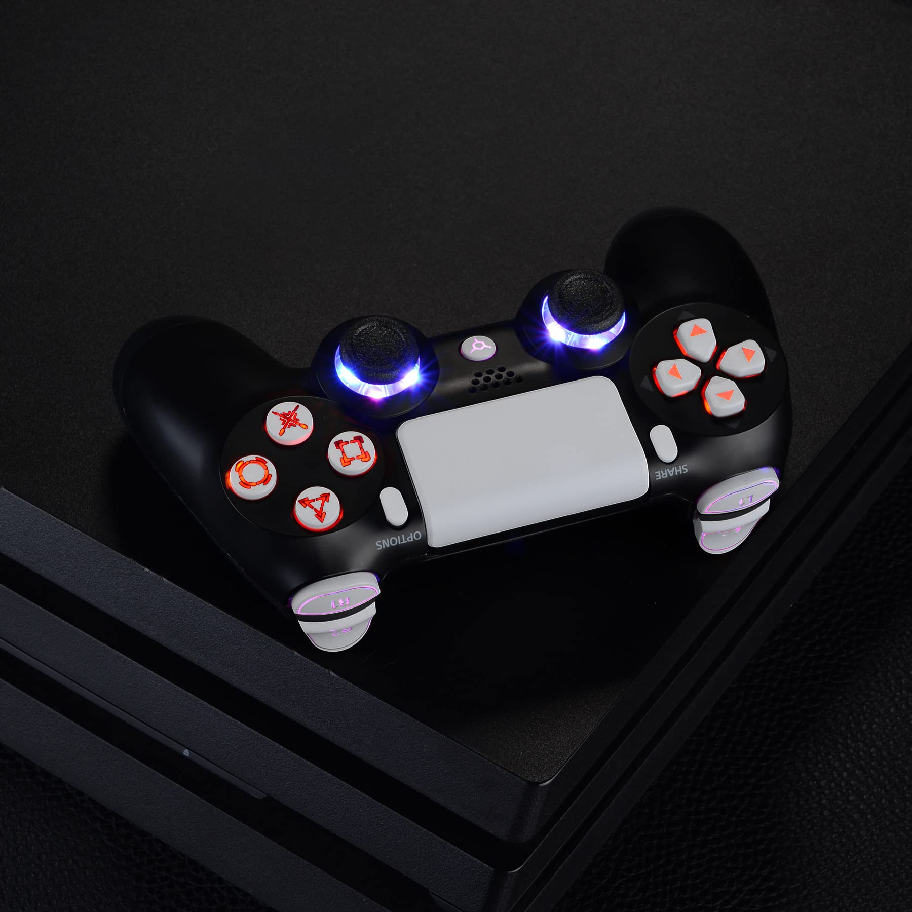 eXtremeRate 7 Colors 9 Modes Button Control DTFS (DTF 2.0) LED Kit, Scarlet Red Classical Symbols Multi-Colors Luminated D-pad Thumbsticks Face Buttons for PS4 Controller - Controller NOT Included