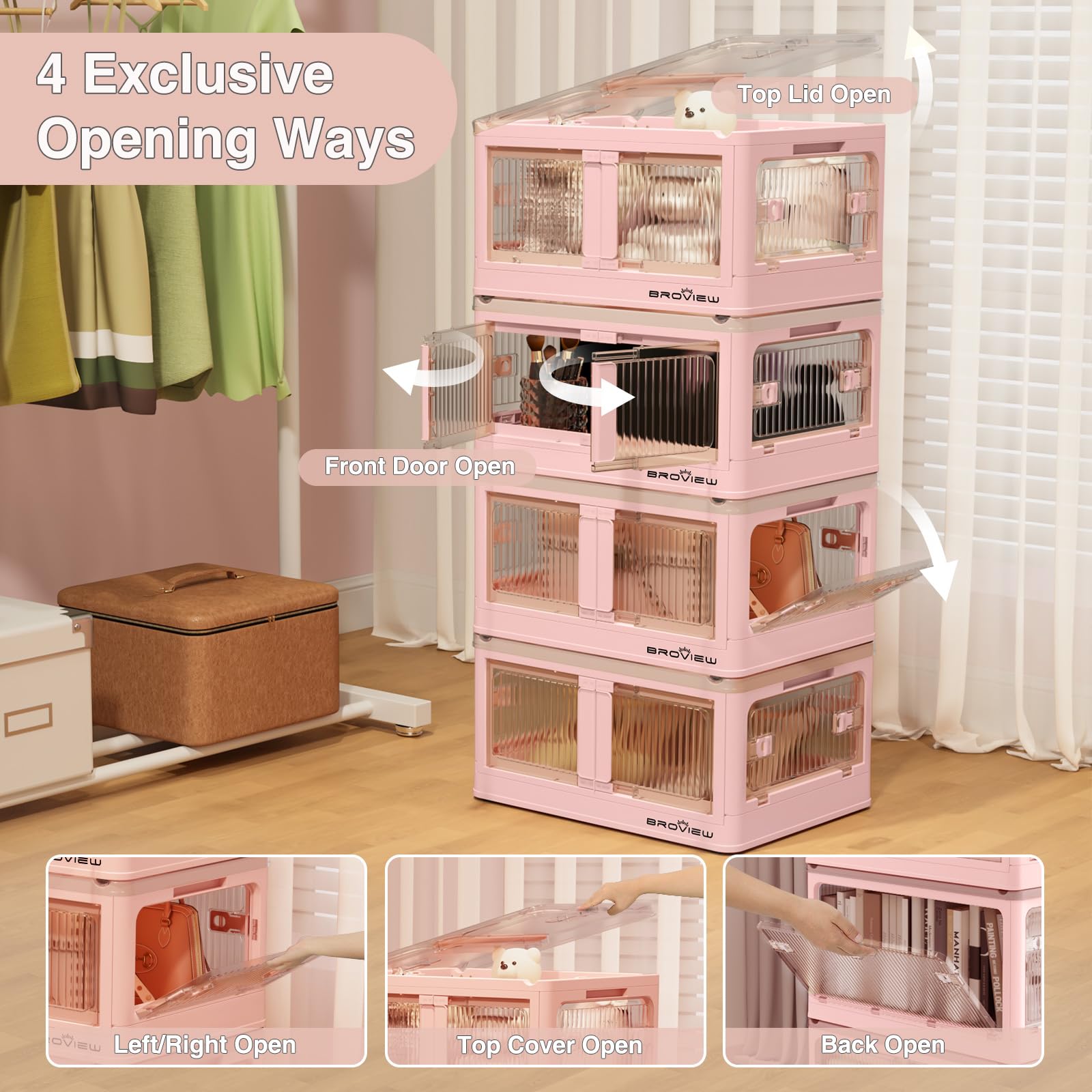 BROVIEW V5 33Gal Stackable Storage Bins with Lids and Wheels, Closet Organizers and Storage, Plastic Collapsible Storage Bins with Doors, Foldable Storage Boxes for Clothing Dorm, 4 Pack Cube Pink