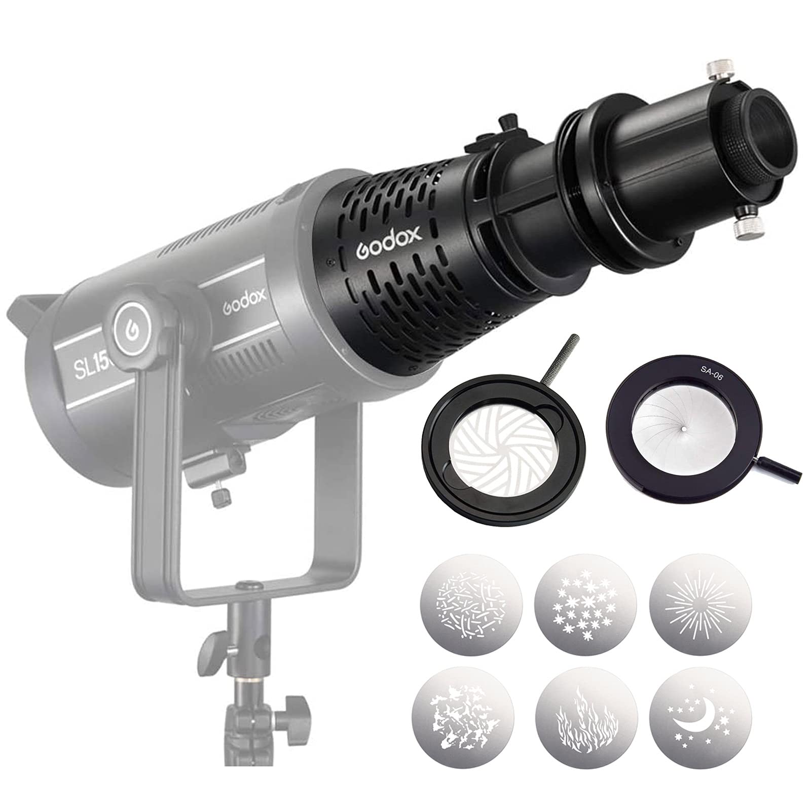 Godox SA-17 Bowens Mount Adapter with Godox SA-P Projection Attachment + SA-06 Iris Diaphragm + SA-09-001 GOBO Set + SA-10 GOBO Set Holder Create Theatrical Effect for Bowens Mount LED Video Light