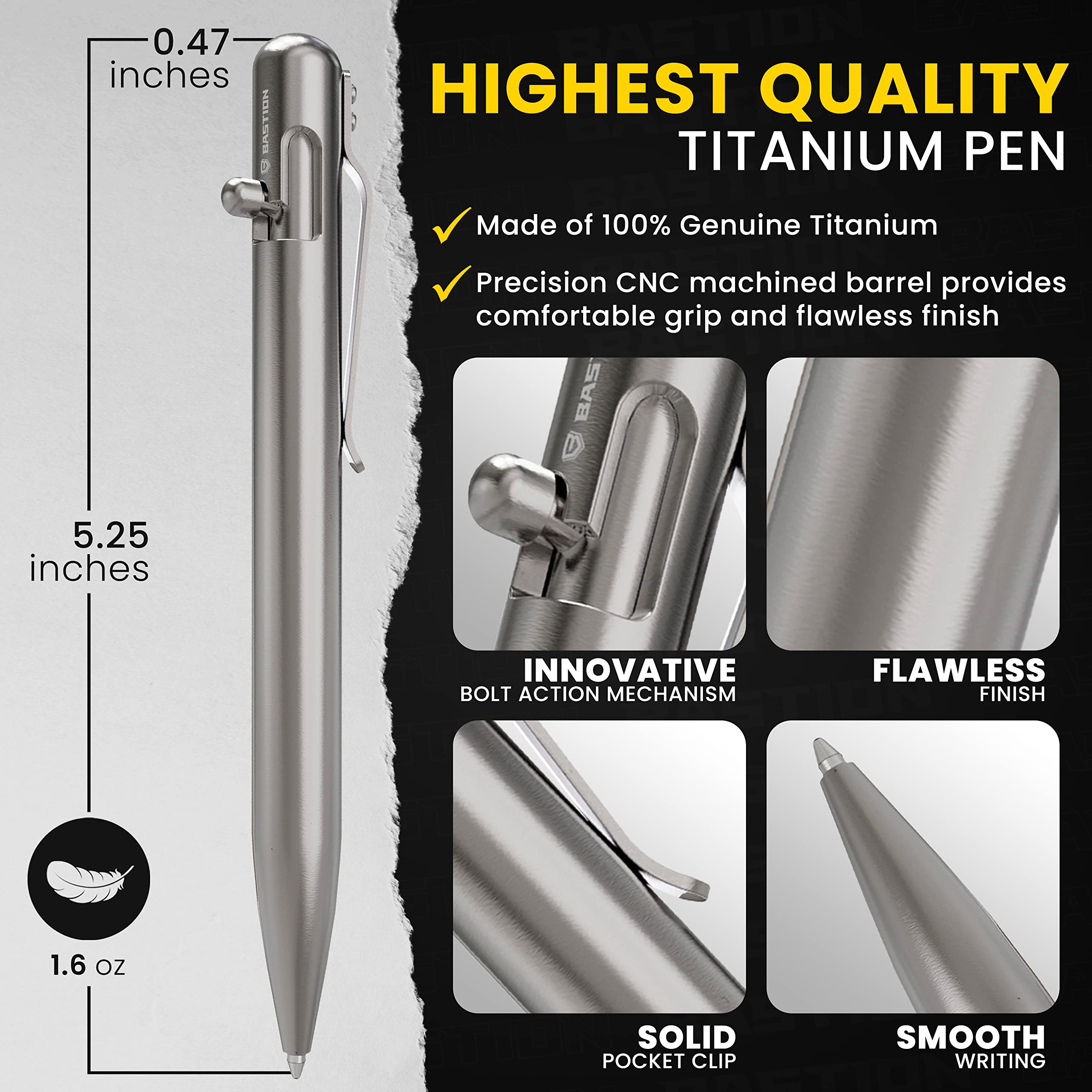 BASTIONĀ® Luxury Bolt Action Pen, Durable Professional Ballpoint Pen with Fine Tip, EDC Pen Ink Refillable Pen - 100% Titanium