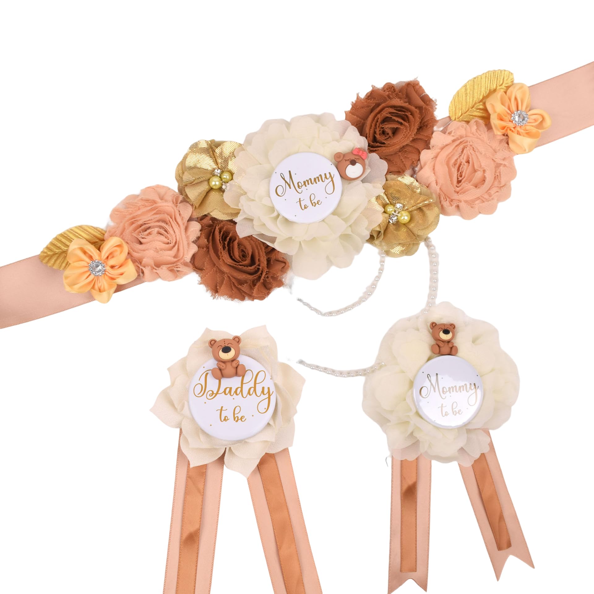 CheeseandU 4Pcs Baby Shower Sash Mommy and Daddy to Be Tinplate Badge, Sunflower Crown Garland Headband Pregnancy Sash Bee Flower Belly Belt Baby Shower Party Decorations for Maternity Gift Favour