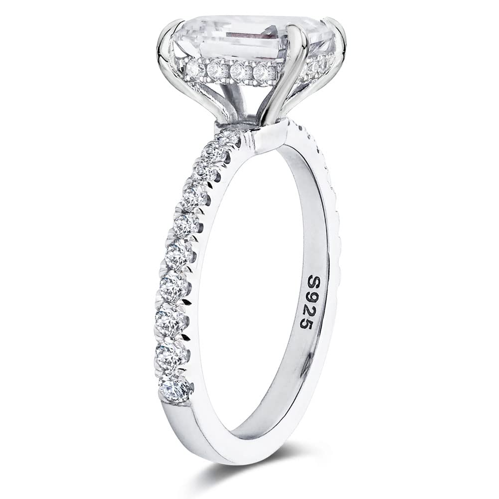 Bo.Dream 1.5ct Emerald Cut Cubic Zirconia CZ Engagement Rings Platinum Plated Sterling Silver Size 6.5