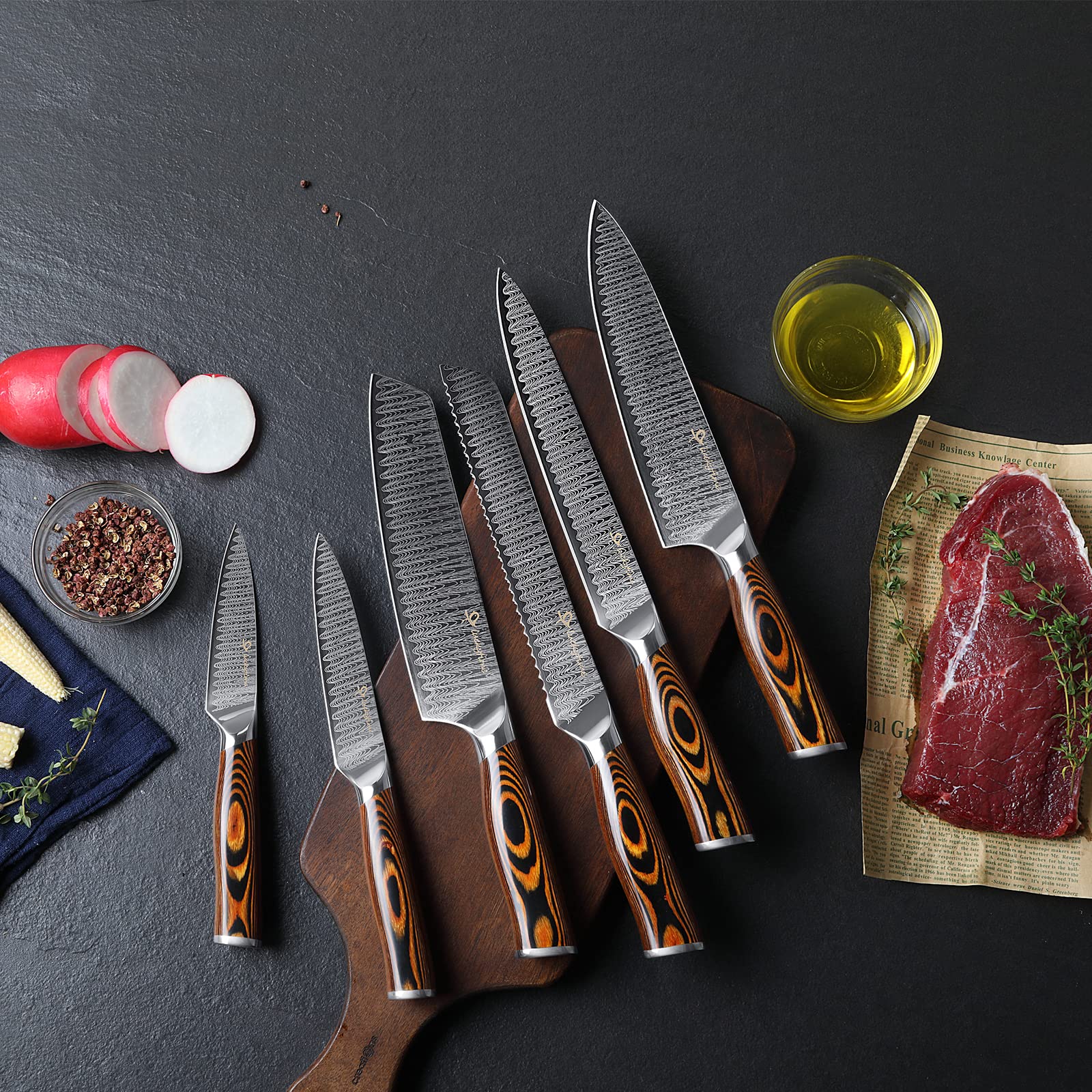 Chef Knife Set, Luckytime 6-Piece Kitchen Knives Set, German 5cr15mov High Carbon Stainless Steel Meat Sushi Fruit Vegetable Ultra Sharp Professional Cutting Knife with Ergonomic Handle & Gray Texture