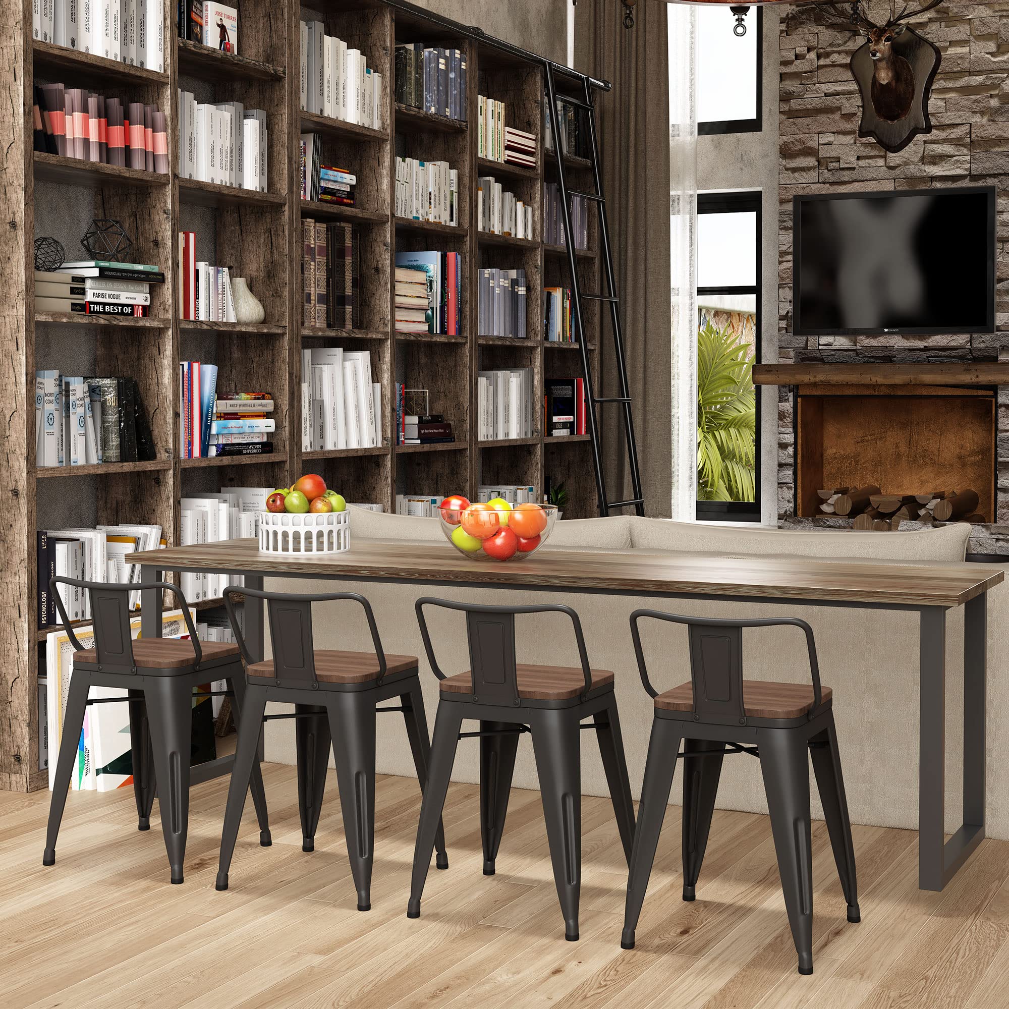 Andeworld Metal Bar Stools 18 inch, Industrial Black Stools for Classroom Kitchen,Stackable Kids Short Stools Metal Dining Play Room Chairs Set of 4 (18 inch, Matte Black)