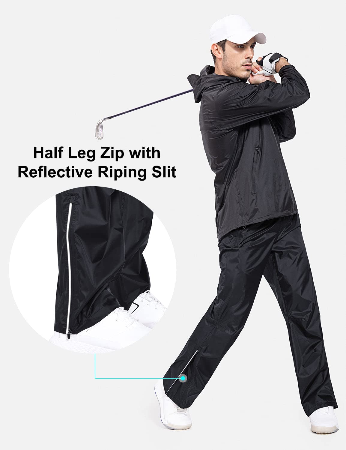 BALEAF Men's Golf Rain Pants Waterproof Zip Legs Lightweight Breathable Pockets Black Medium