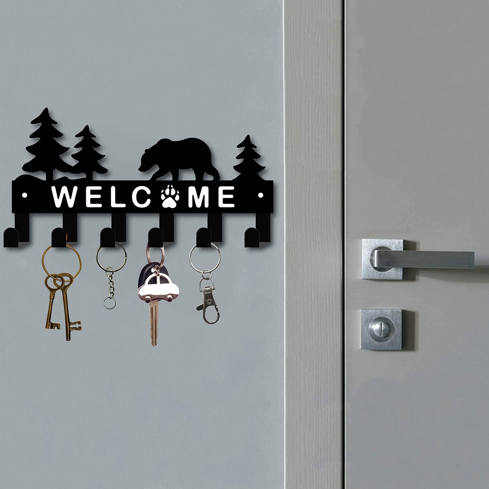 CREATCABIN Metal Key Holder Black Key Hooks Wall Mount Hanger Decor Iron Hanging Organizer Rock Decorative 6 Hooks Welcome Bear for Home Housewarming Gift Entryway Cabinet Hat Towel 10.6 x 5.5inch