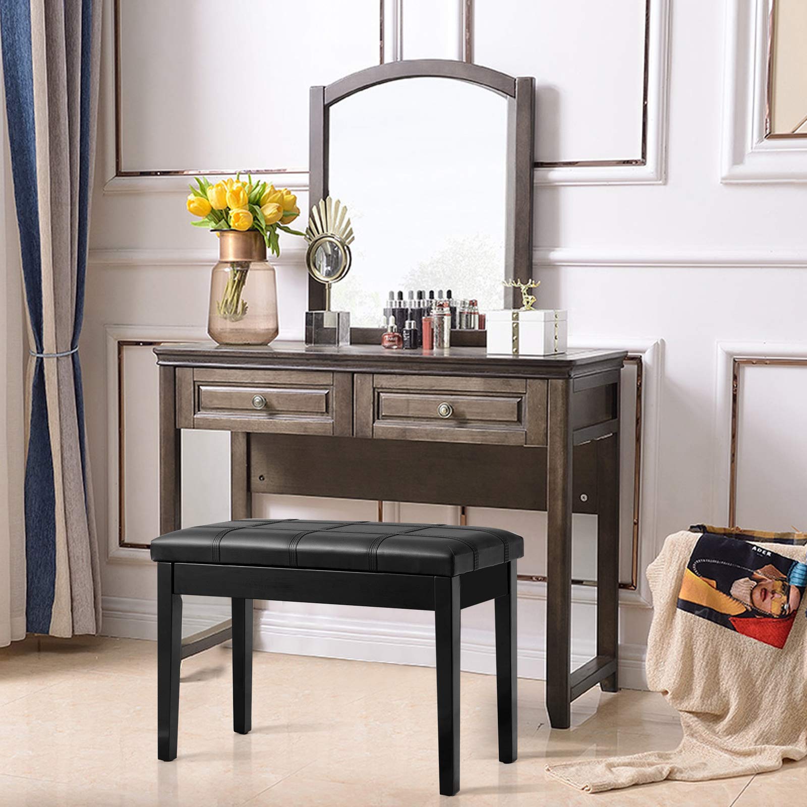 GOFLAME Piano Bench with Padded Cushion and Music Storage, Comfortable Double Duet Seat with PU Leather and Wooden Legs, Perfect for Professional or Home Use (Black)