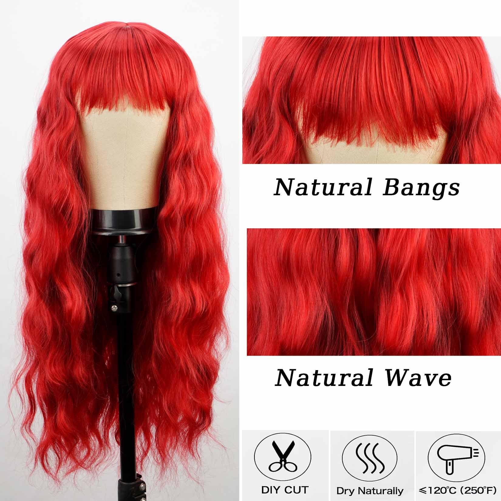 andromeda Red Wig with Bangs Soft Long Wavy Wigs for Women Curly Synthetic Wig Replacement Halloween Costumes Cosplay Party Wigs (Red)