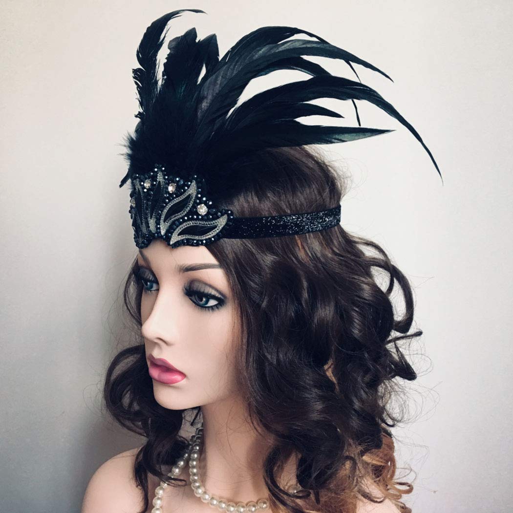 Asooll 1920s Vintage Feather Headband Black Crystal Headpiece Flapper Prom Hair Accessories for Women
