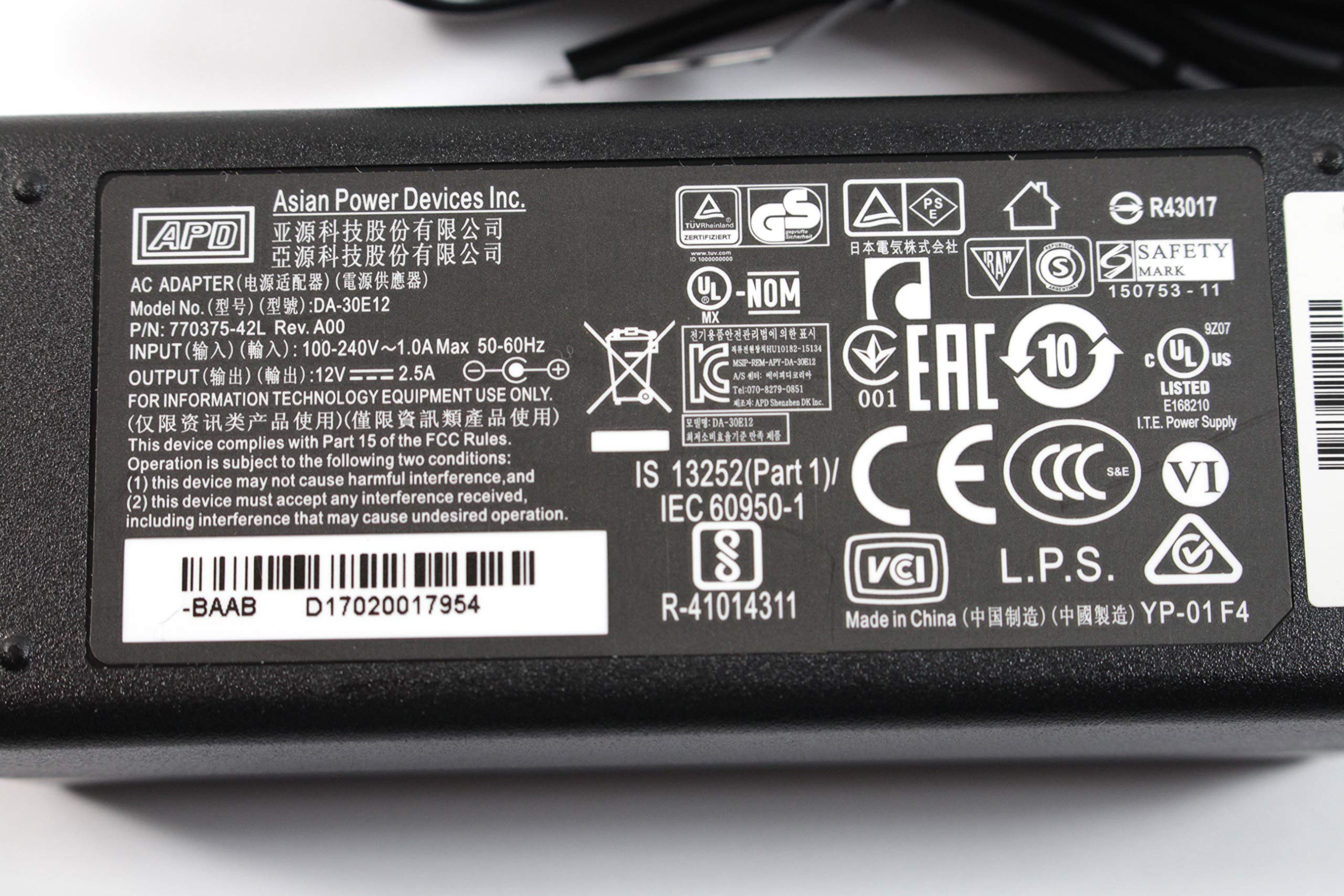 NEW ASIAN POWER DEVICES APD DA-30E12 AC ADAPTER 770375-31L WYSE THIN CLIENT