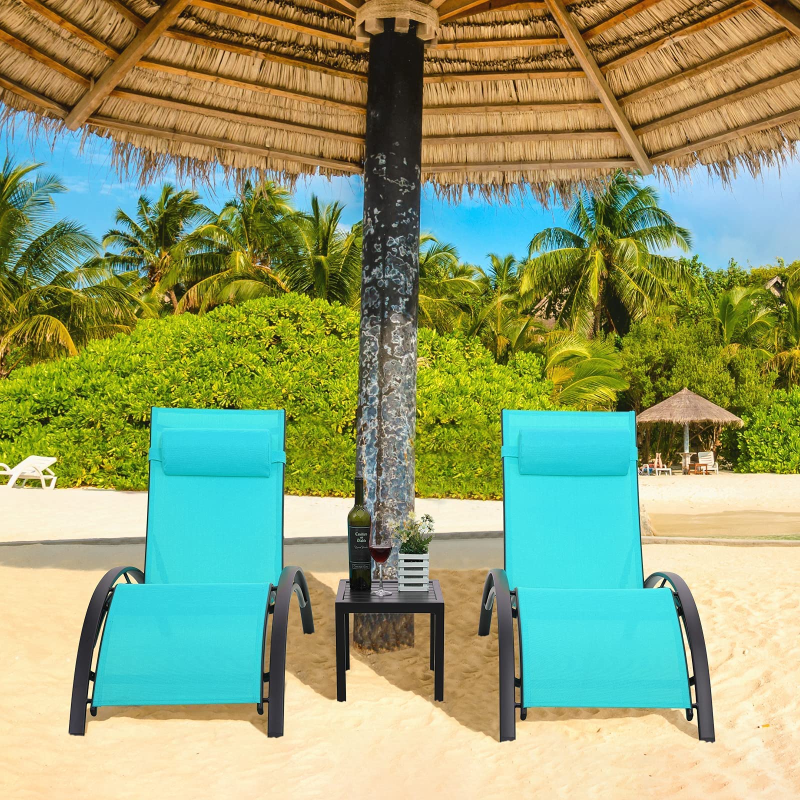 AthLike 3 pcs Poolchairs Patio Chaise Lounge Set with Headrest, 5-Level Adjustable Sunbathing Tanning Poolside Recliner Chairs with Side Table for Outdoor Beach (Blue, 2 Chairs and 1 Table)