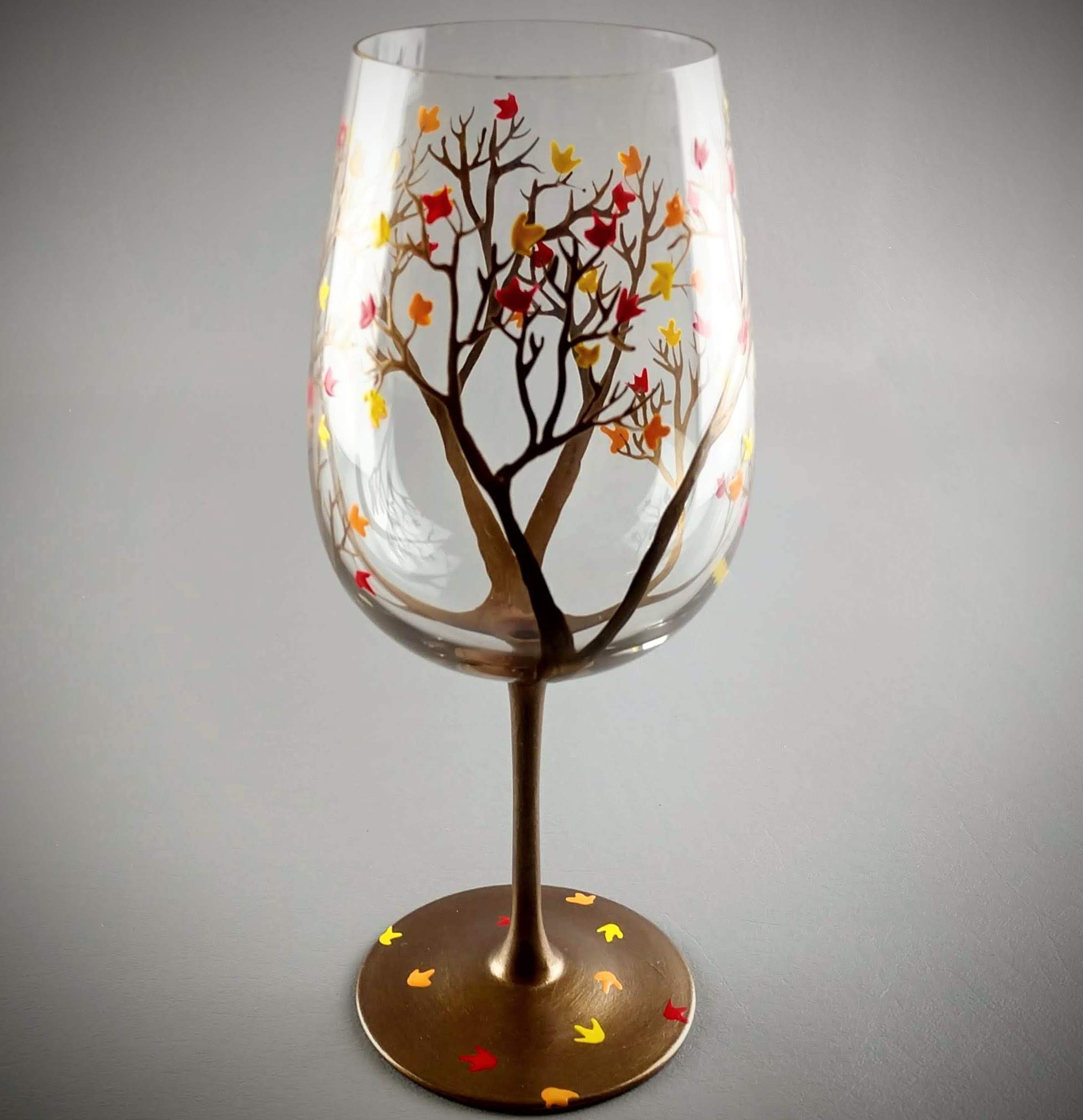 Autumn Tree Wine Glass - Fall Colors - Leaves of Red, Yellow, Orange - Hand Painted - Fall Leaf - 20 ounce