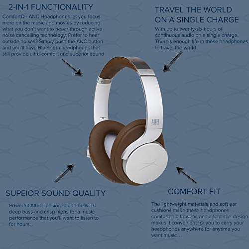 Altec Lansing Comfort Q+ Bluetooth Headphones, Active Noise Cancellation, Comfortable, Quite, Noise Cancelling Headphone, Up to 26 Hours of Playtime, 30 Ft. Wireless Range, Silver/Dark Brown