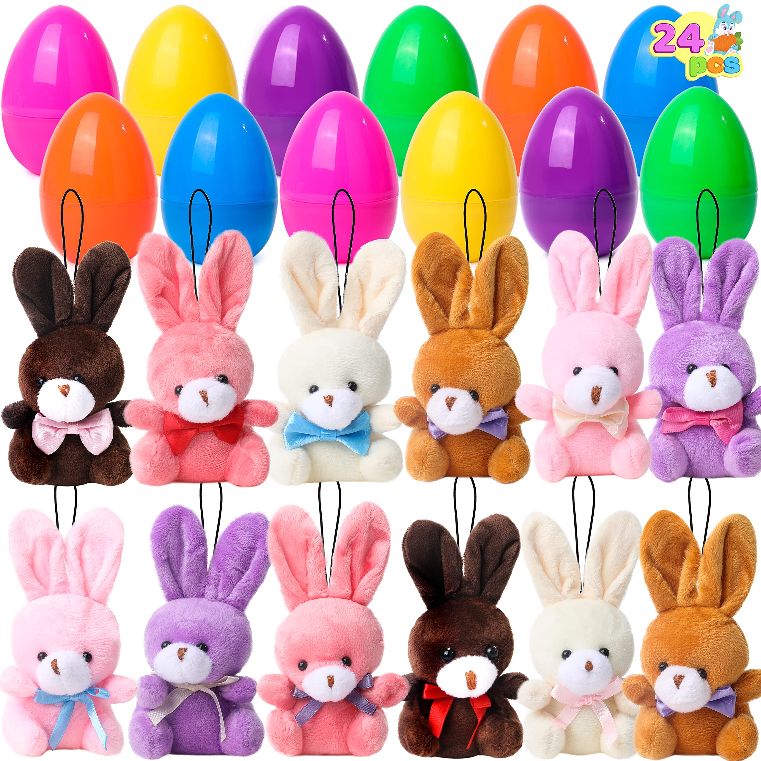 JOYIN 24 Pcs Filled Easter Eggs, Bright Colorful Easter Eggs Prefilled with Variety Plush Bunnies for Kids Toddlers Egg Hunt, Easter Basket Stuffers and Party Favors