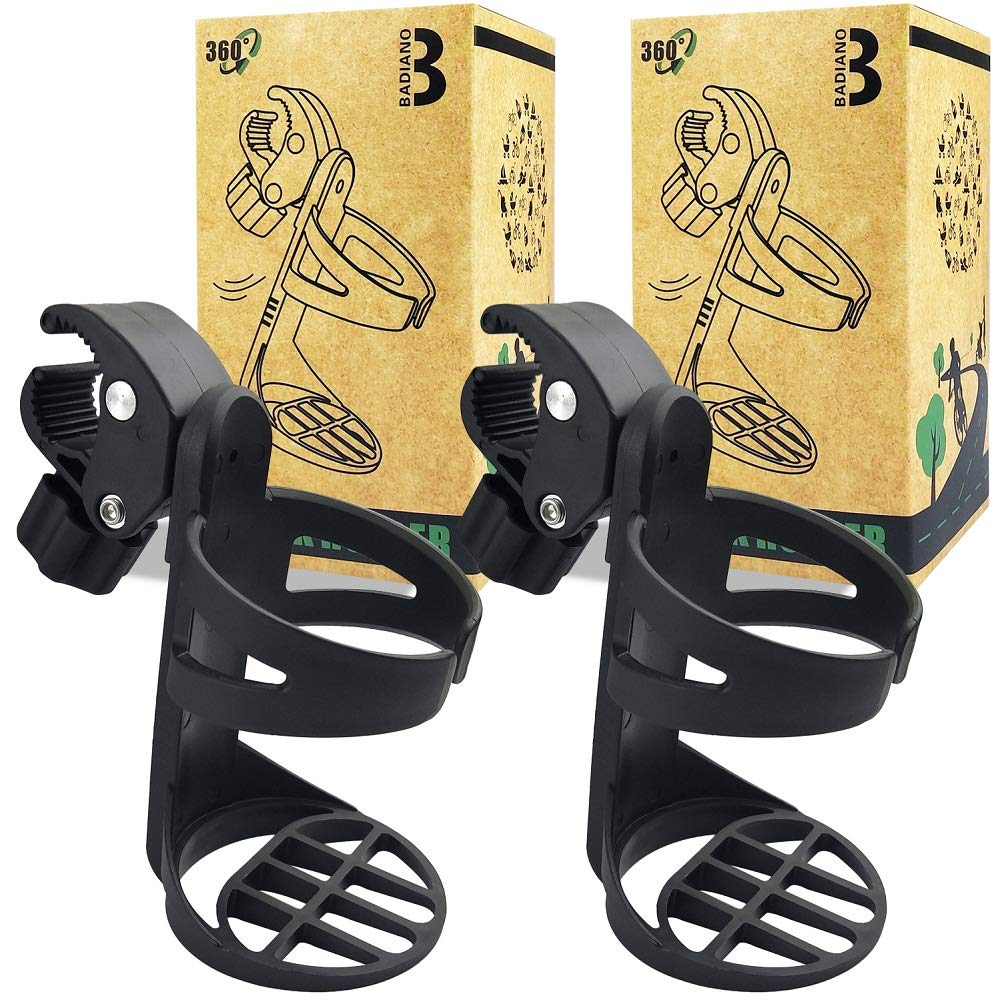 Badiano 2 Pack Stroller Drink Holders for Cups or Bottles, Universal for Bicycle, Wheelchair, Trolleys, 360 Rotation