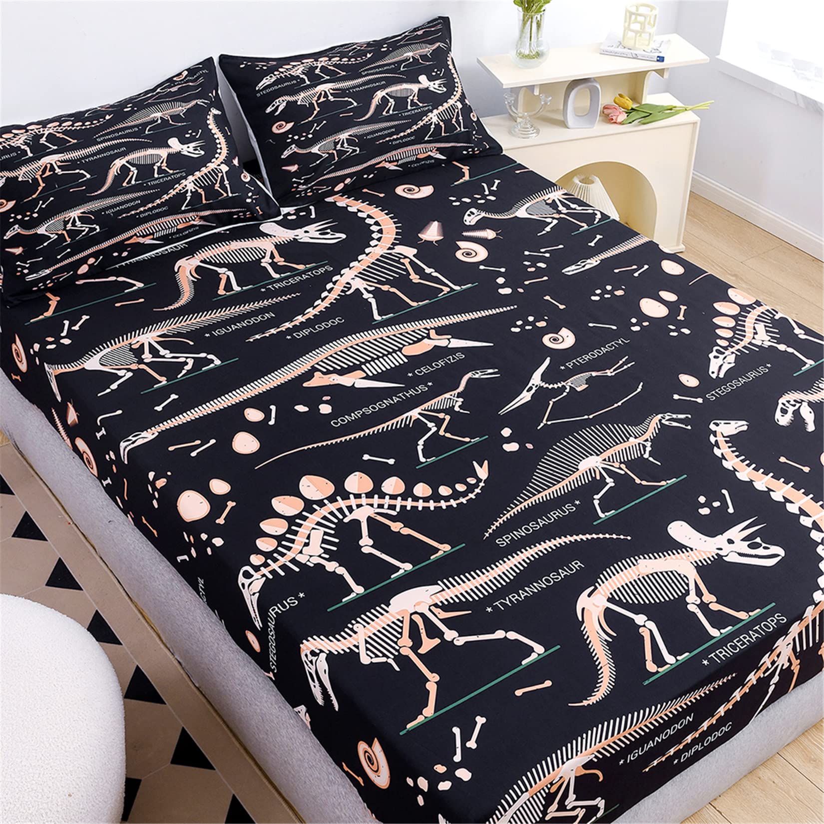 URLINENS Dinosaur Fitted Sheet Twin Size, Jurassic Evolution Dino Bones Bedding Set 2 Piece 1 Fitted Sheet and 1 Pillowcase, Wildlife Dinosaur Sheet Set for Kids Boys Girls Teens Fun Bed Sheet