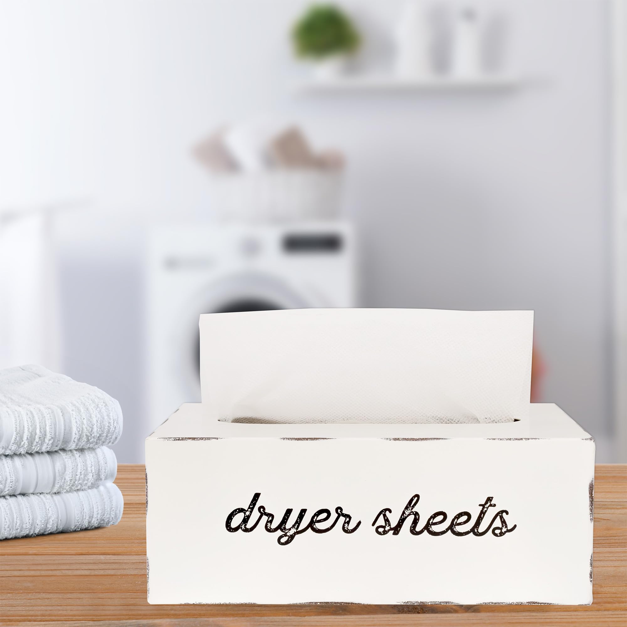 AuldHome Dryer Sheet Dispenser; Countertop Rustic White Fabric Softener Sheet Holder for Laundry Room