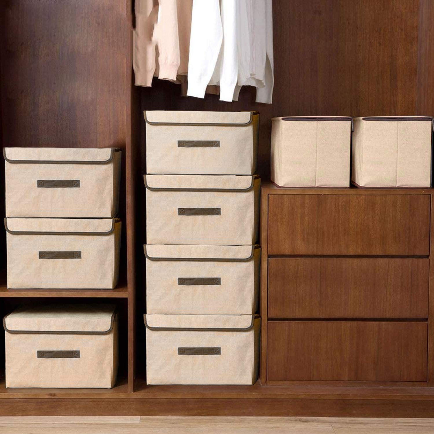Fabric storage boxes and storage boxes, with handles and flip design, large foldable boxes, used to store books, clothes, toys, family bedroom closets, office storage bags. (2 pieces in beige)