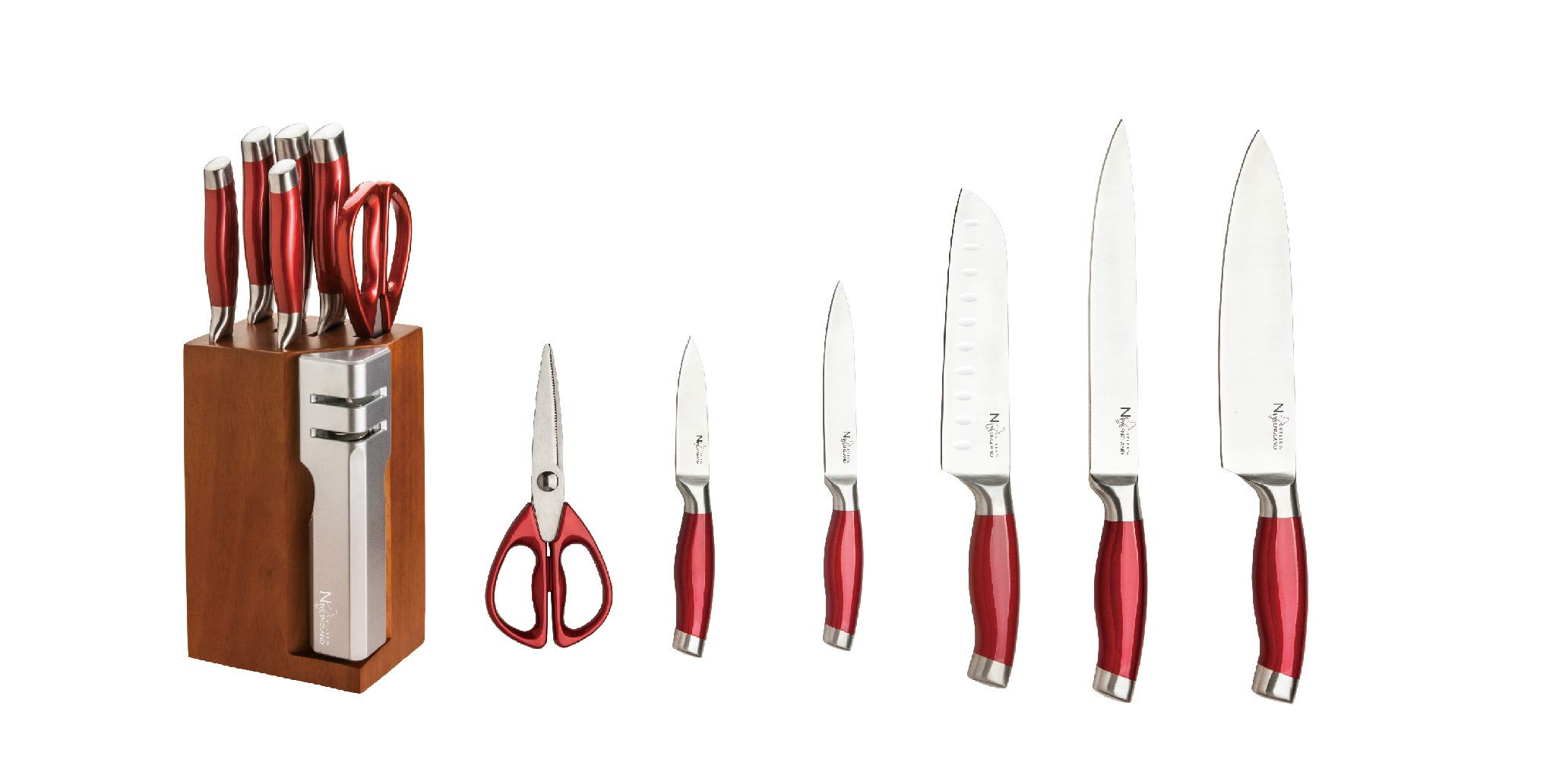 New England Cutlery 7- Piece Knife Block Set with Sharpener - Red