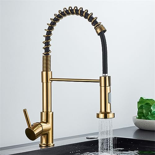 Brushed Gold Kitchen Faucet Pull Down 2-Way Spray Single Handle Hot Cold Water Mixer Tap 360 Rotation Mixer Tap