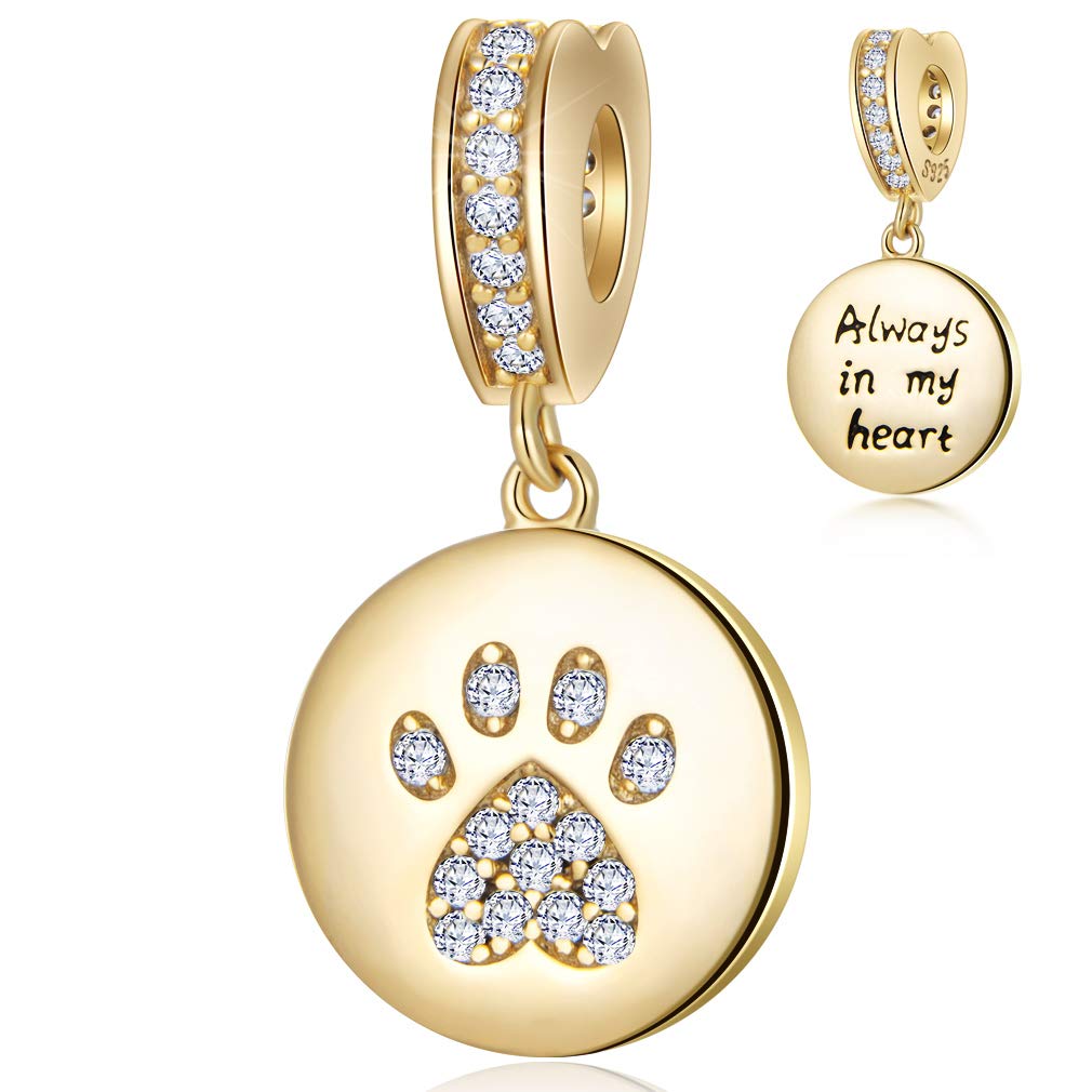Always in My Heart Sparkling Paw Print Dangle Charm, 925 Sterling Silver Dog Cat Charms, Beads with CZ Stones Compatible with Pandora Charm Bracelet Necklace, Gift for Women/Wife/Mother/Pet Lover