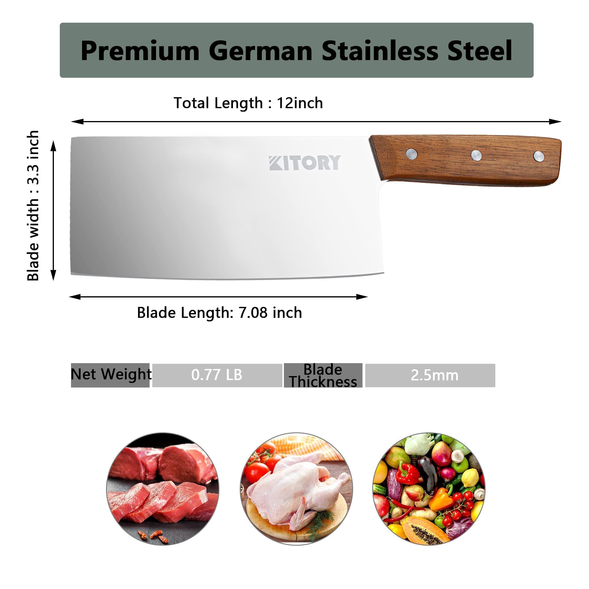 Kitory Cleaver Knife, Full Tang Chinese Chef Knife for meat and vegetable, German Stainless Steel Kithcen Knife 7"