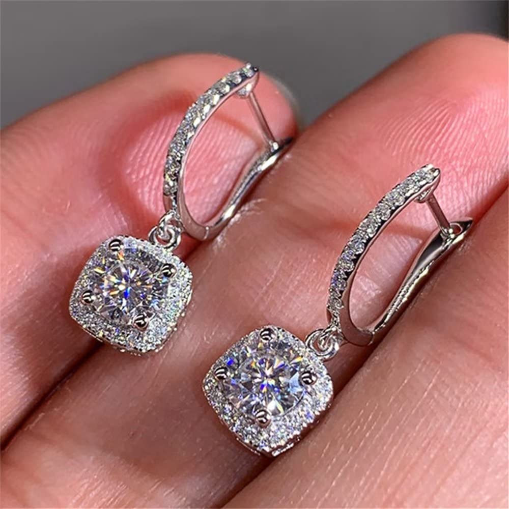 Aioweika Hoop Earrings for Women Exquisite Micro-Set Zircon Ear Buckles Shiny Temperament Earrings Square Dangle Earring