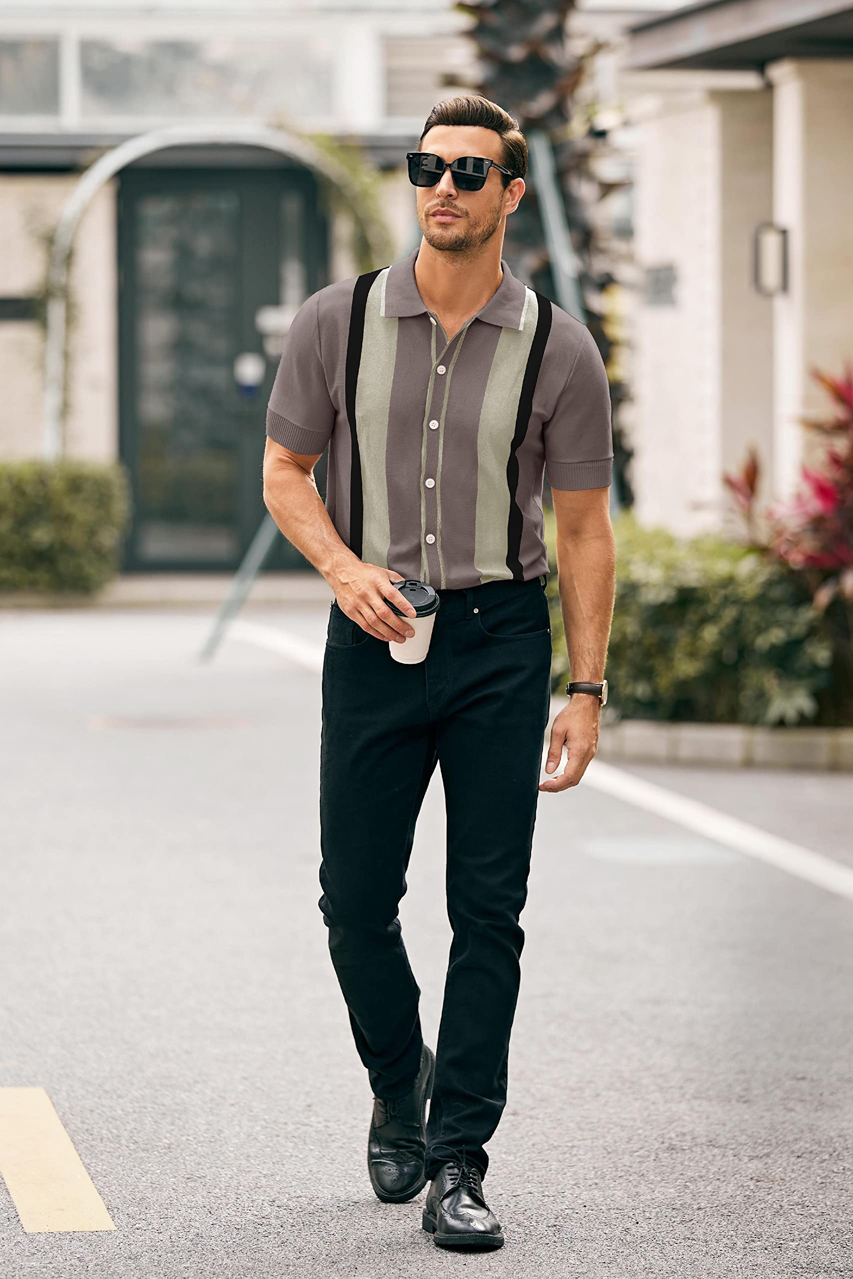 Angeun Mens Polo Shirts Short Sleeve Vintage Striped Knit Cardigan Button Down Lightweight Golf Shirts Grey