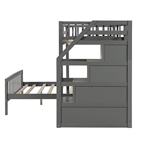 Goohome Twin Over Full Bunk Bed with Staircase, Wooden Twin Over Full Stairway Bunk Bed L Shaped Bunk Beds for Kids, Twin Loft Bed with Storage Drawers and Full Platform Bed, No Box Spring Needed
