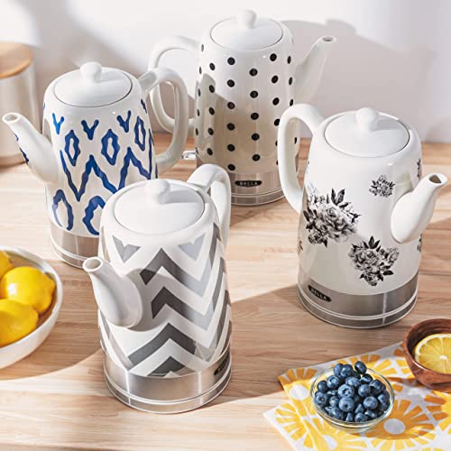 BELLA Electric Kettle & Tea Pot - Ceramic Water Heater with Detachable Swivel Base, Auto Shut Off & Boil Dry Protection, 1.5 Liter, Silver Chevron
