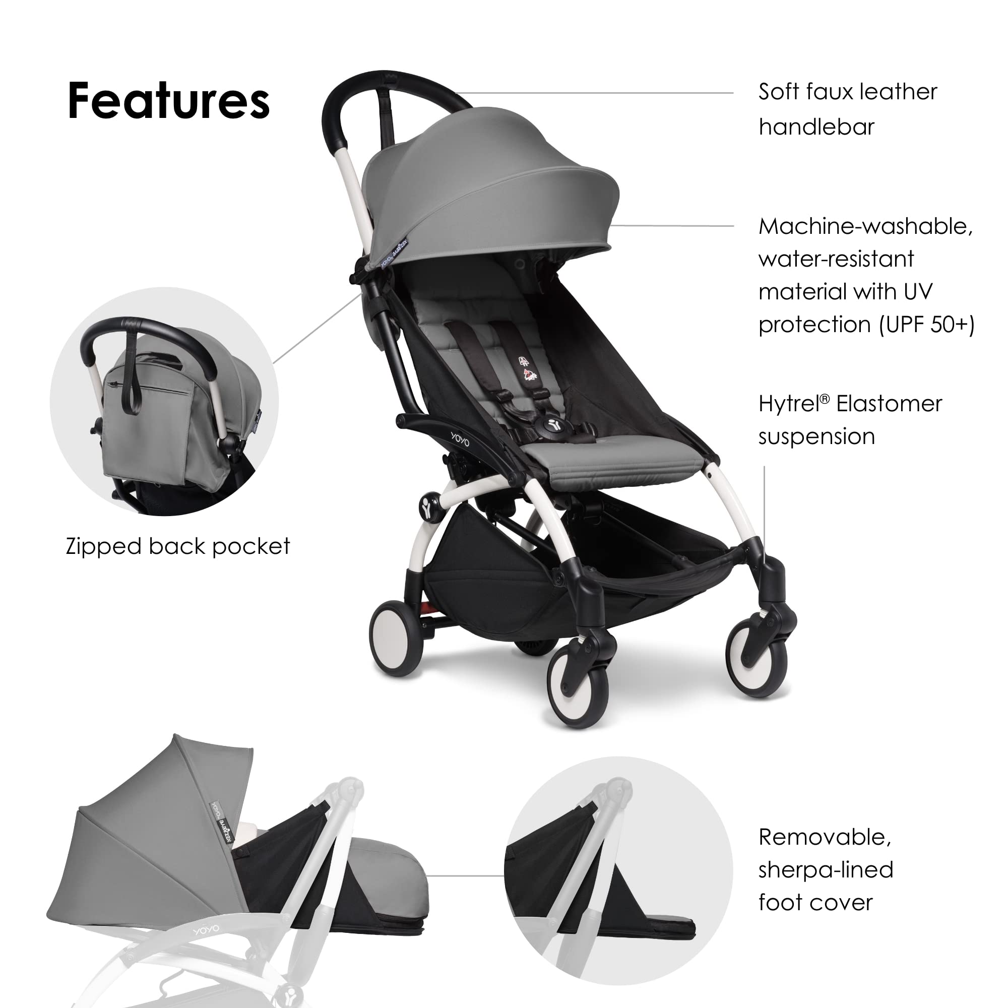 BABYZEN YOYO2 Stroller & 0+ Newborn Pack - Includes White Frame, Grey 6+ Color Pack & Grey 0+ Newborn Pack - Suitable for Children Up to 48.5 Pounds