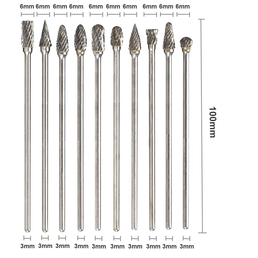 AYSUM 10pcs 1/8 Shank Long Double Cut Tungsten Carbide Burrs for Dremel, Rotary Burr Bits Rotary Files Burr Set for Die Grinder Rotary Tool, 4-Inch Length