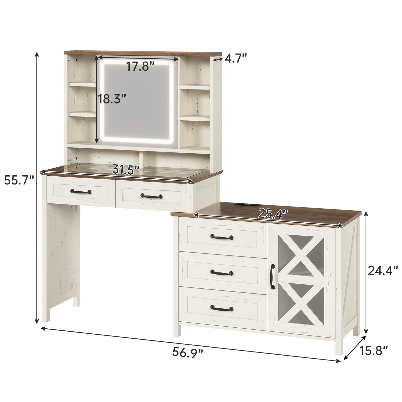 BTHFST Farmhouse Vanity with Glass Top & Charging Station, Vanity Desk with Touch Screen Mirror and Lights, Makeup Vanity with 5 Drawers & Shelves & Cabinet, Antique White