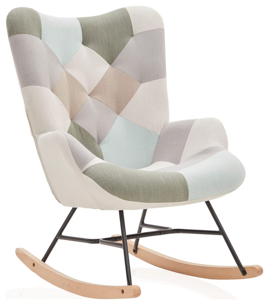 BELLEZE Colorful Patchwork Rocking Chair, Widen Nursery Rocking Chairs Comfy Linen Upholstered Glider Rocker with Solid Wood Legs for Living Room Bedroom Nursery - Paramount (Patchwork A)