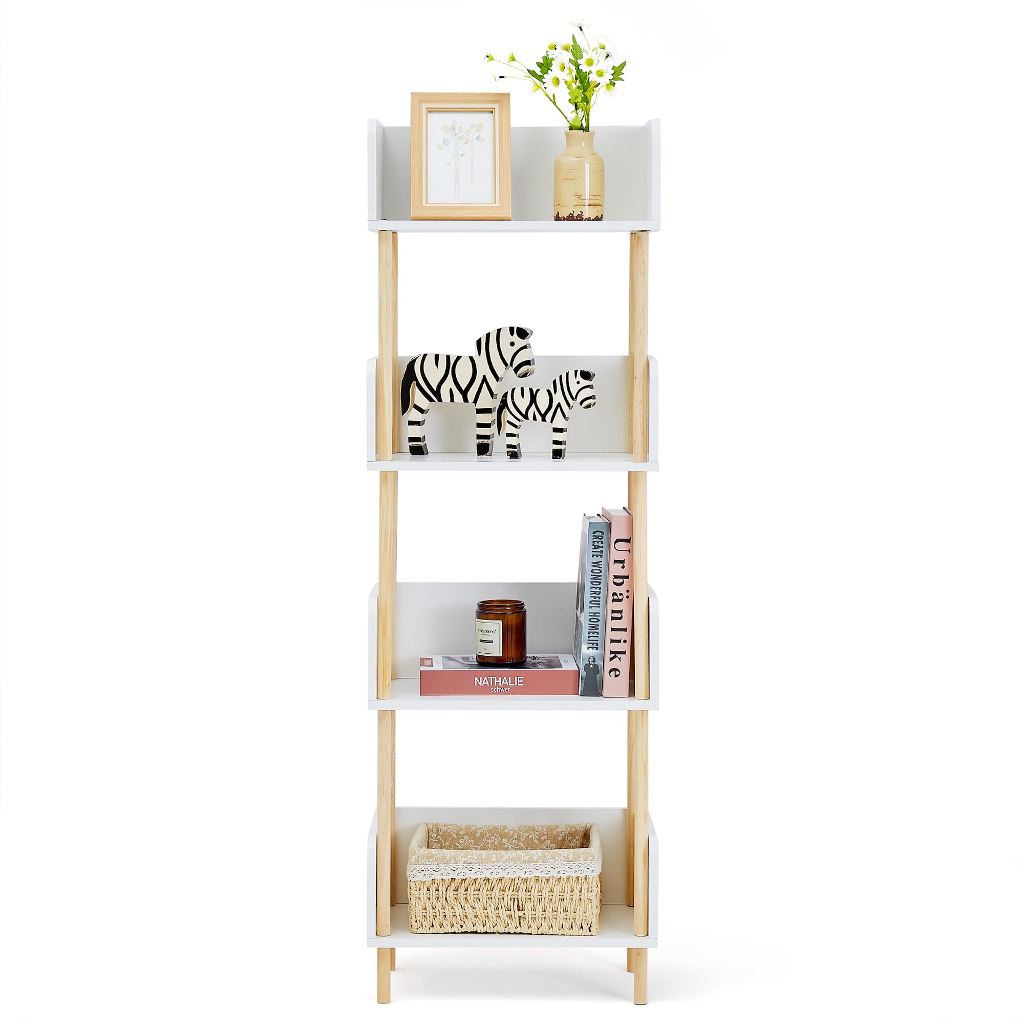 SUNTAGE White Wooden Open Bookcase, Modern Freestanding Bookshelf w/Side Panels, Edge Protection & Solid Wood Frame, Wood Storage Shelves Display Stand for Bedroom, Living Room & Home Office (4 Tier)