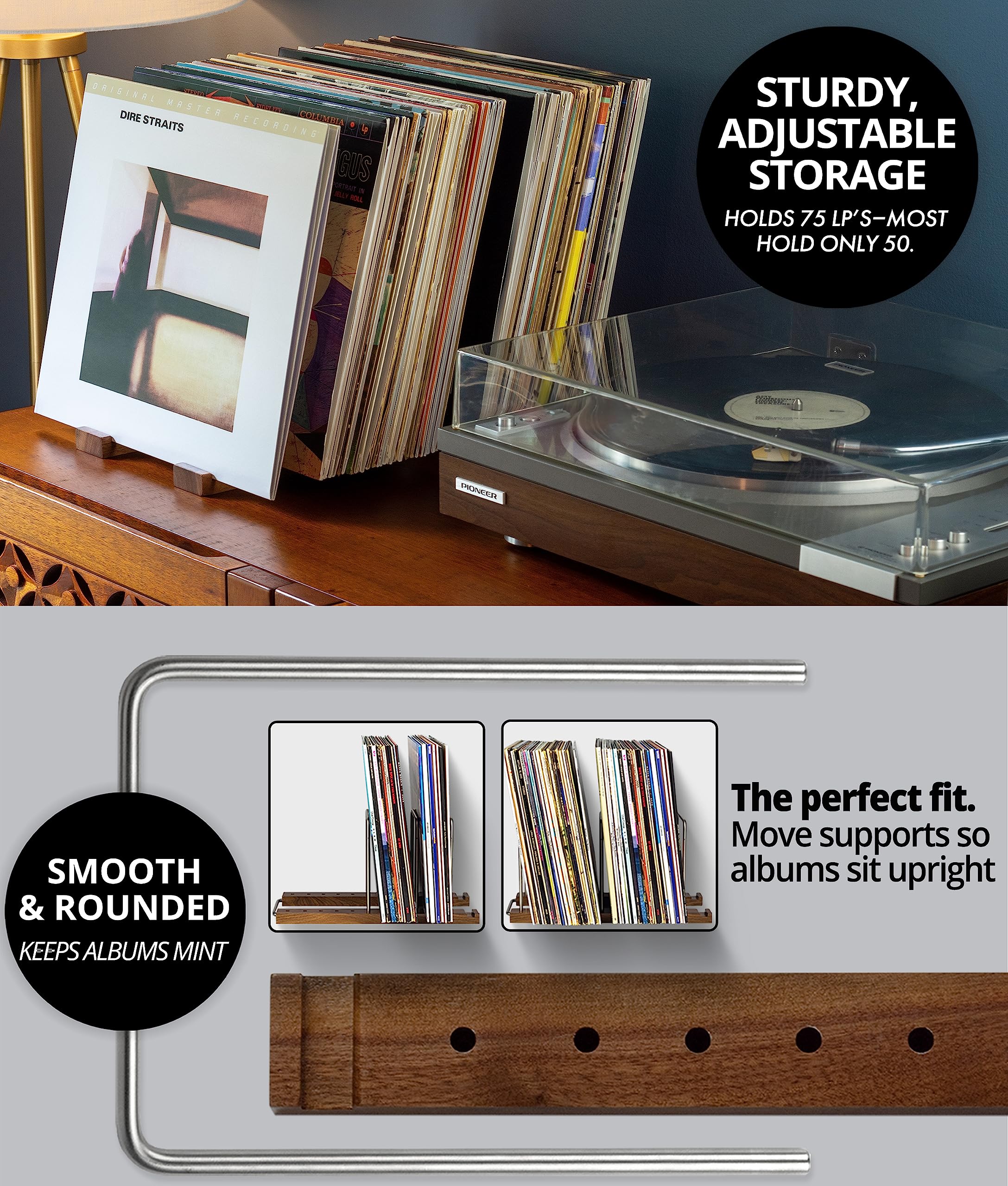 Durable Vinyl Record Storage Holder for 75 LPs, Solid Walnut Vinyl Record Stand with Built-in Now Playing Display, Sleek Vinyl Record Holder & Display for Albums