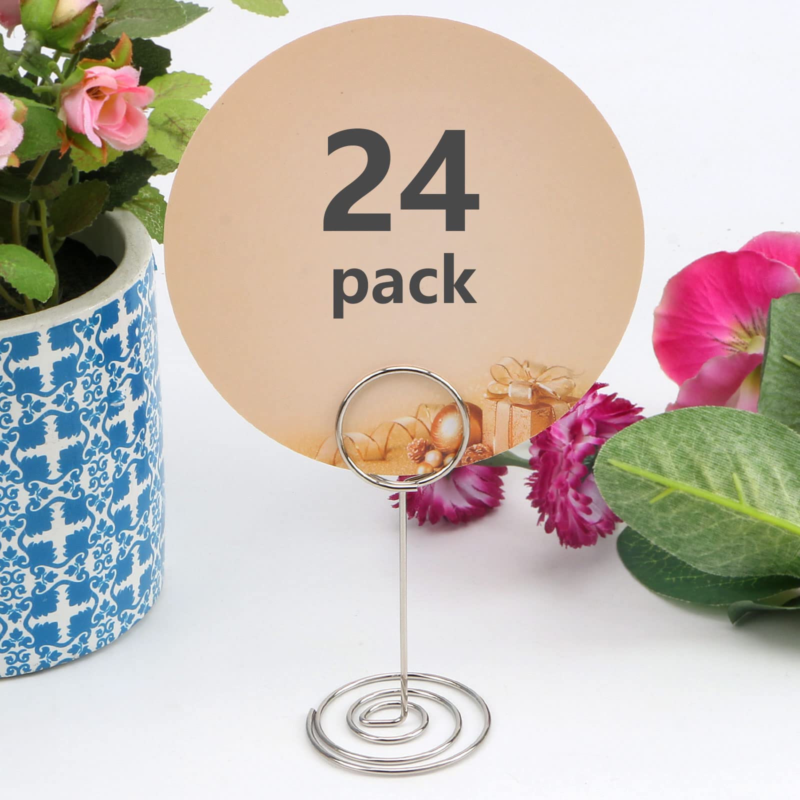 Yethuanru 24 pieces Table Number Holders Picture Holder for Tables 85mm Place Card Stand for Wedding Party Office, Silver/Gold(Round) (Silver)