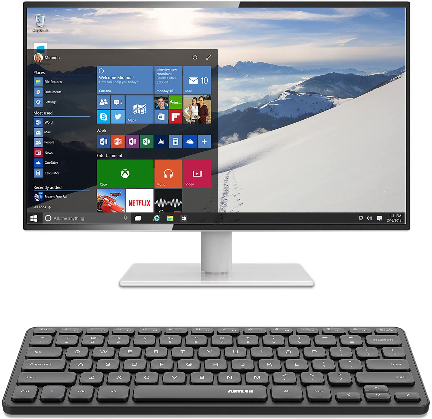 Arteck 2.4G Wireless Keyboard Ultra Slim and Compact Wireless Keyboard with Media Hotkeys for Computer/Desktop/PC/Laptop/Surface/Smart TV and Windows 10/8/ 7 Built-in Rechargeable Battery