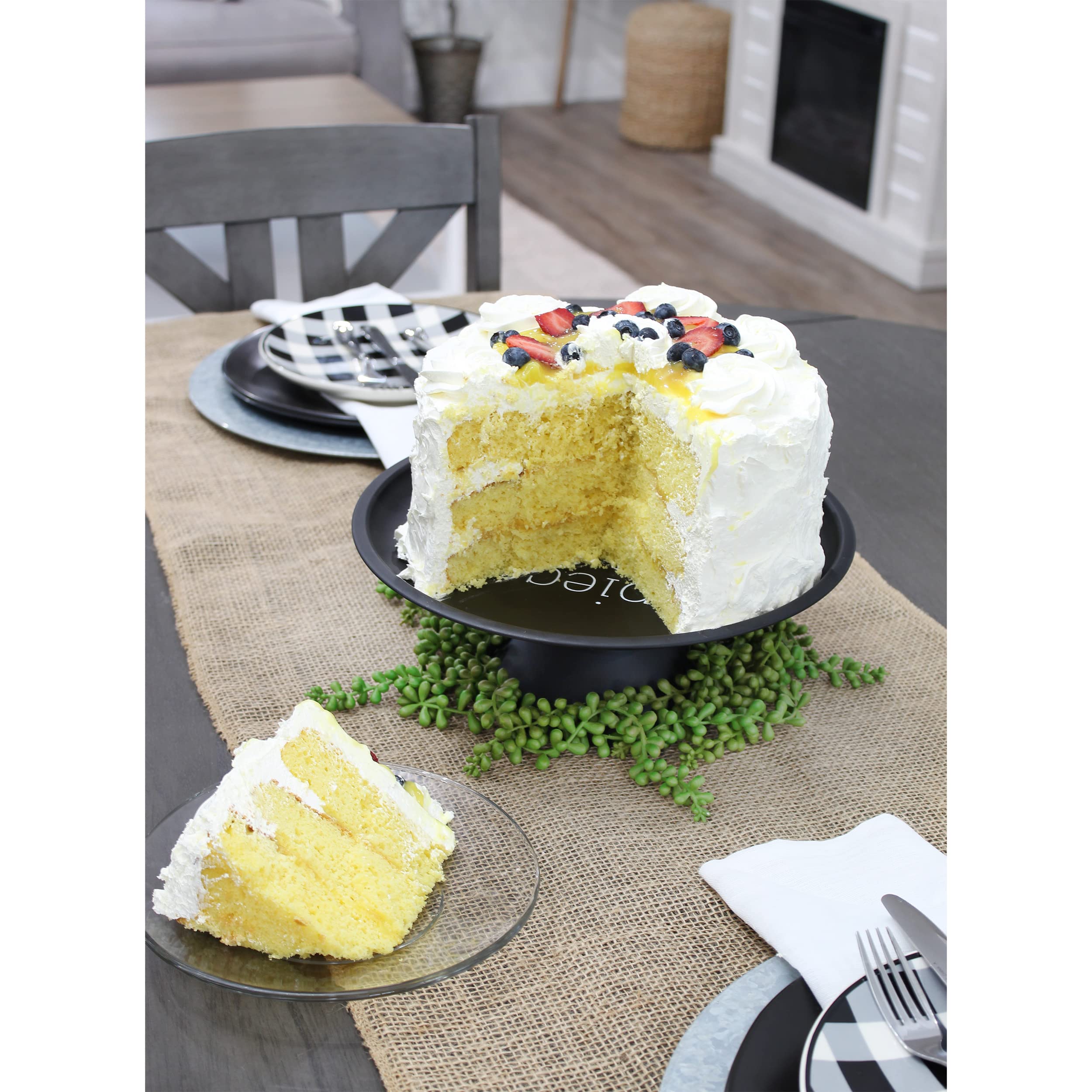 AuldHome Rustic Black Cake Stand, Farmhouse Enamelware Round Pedestal Cake Stand, Distressed Vintage Style