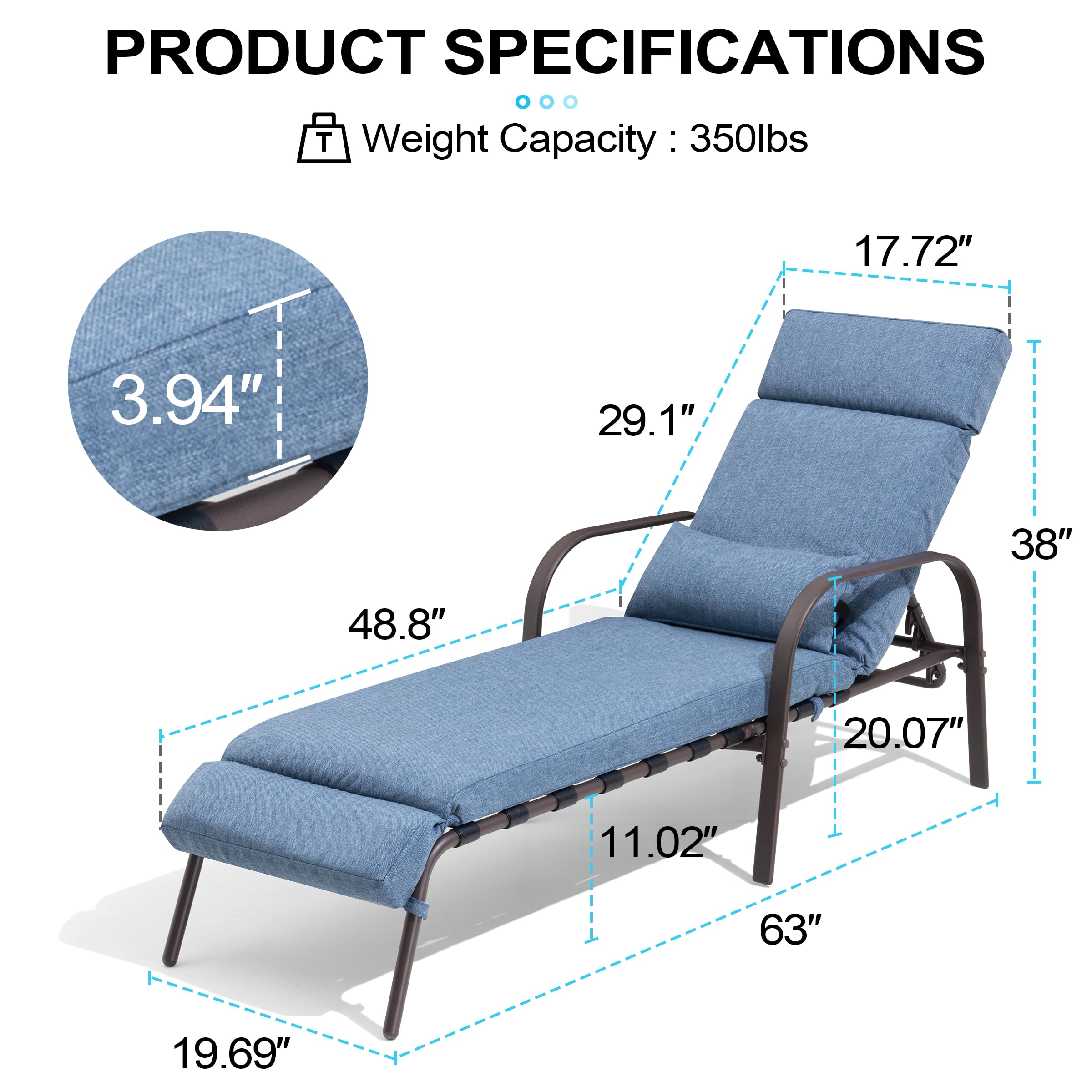 Crestlive Products Adjustable Chaise Lounge Chair with Cushion & Pillow, Outdoor Five-Position Recliner, All Weather for Patio, Beach, Yard, Pool (1PC Dark Blue)