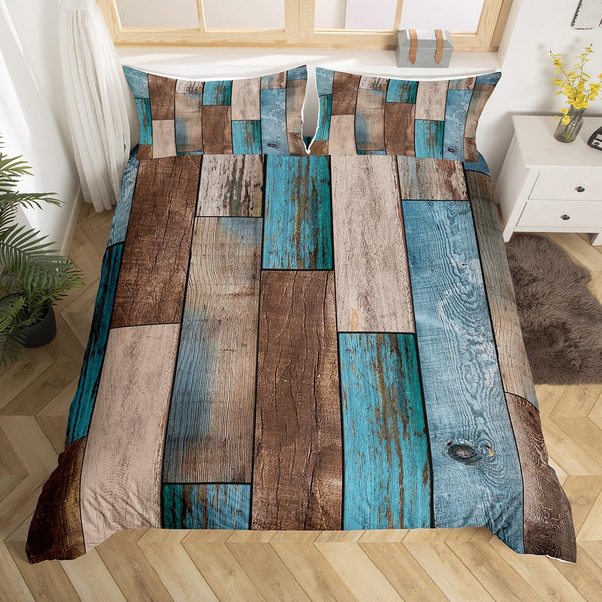Rustic Wooden Barn Bedding Set,Wood Panels Duvet Cover for Kids Teens Boys Girls,Vintage Farmhouse Comforter Cover Decorative Room,Wood Rustic Quilt Cover with 2 Pillowcases,King Size