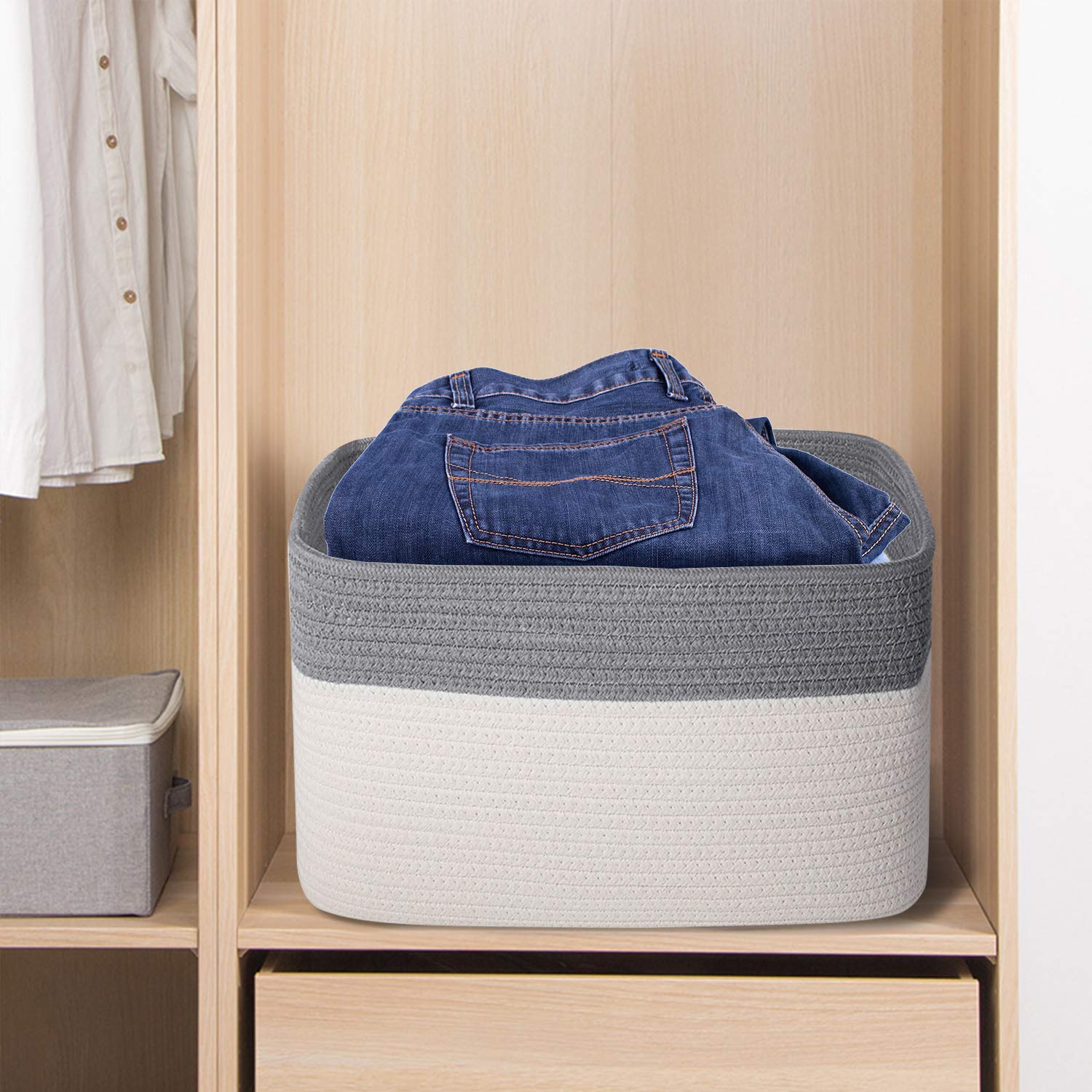 ANMINY 3PCS Woven Cotton Rope Storage Baskets with Handles Large Washable Basket Set Decorative Storage Bins Boxes Blanket Clothes Towel Laundry Organizer Containers - White/Gray