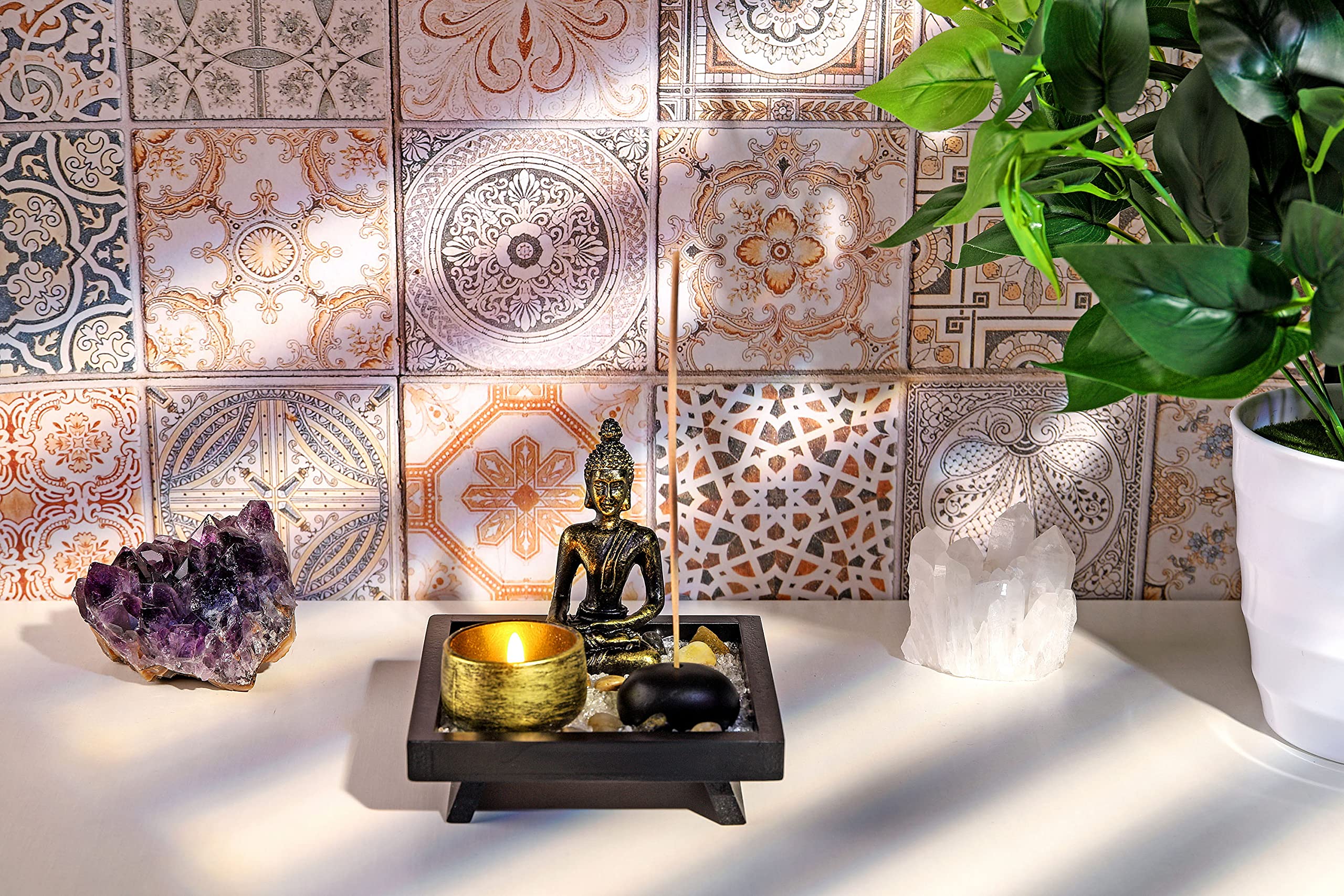 CrystalTears Meditation Zen Garden Set with Buddha Satue, Tea Light Candle Holder, Incense Burner Holder Tabletop Zen Garden Gift for Home Decor
