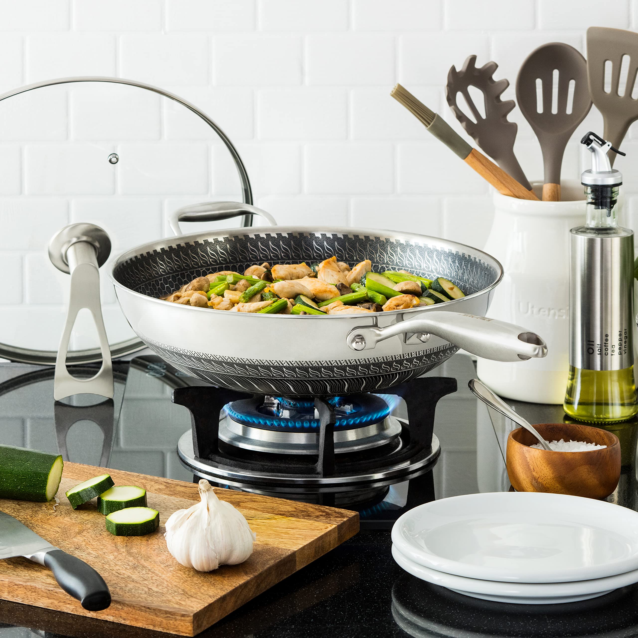 AROMA® Non-Stick Stainless Steel Wok Pan with Self-Balancing Lid and Honeycomb SurfaceGuard Technology (12.5 Inches/ 5Qt.)