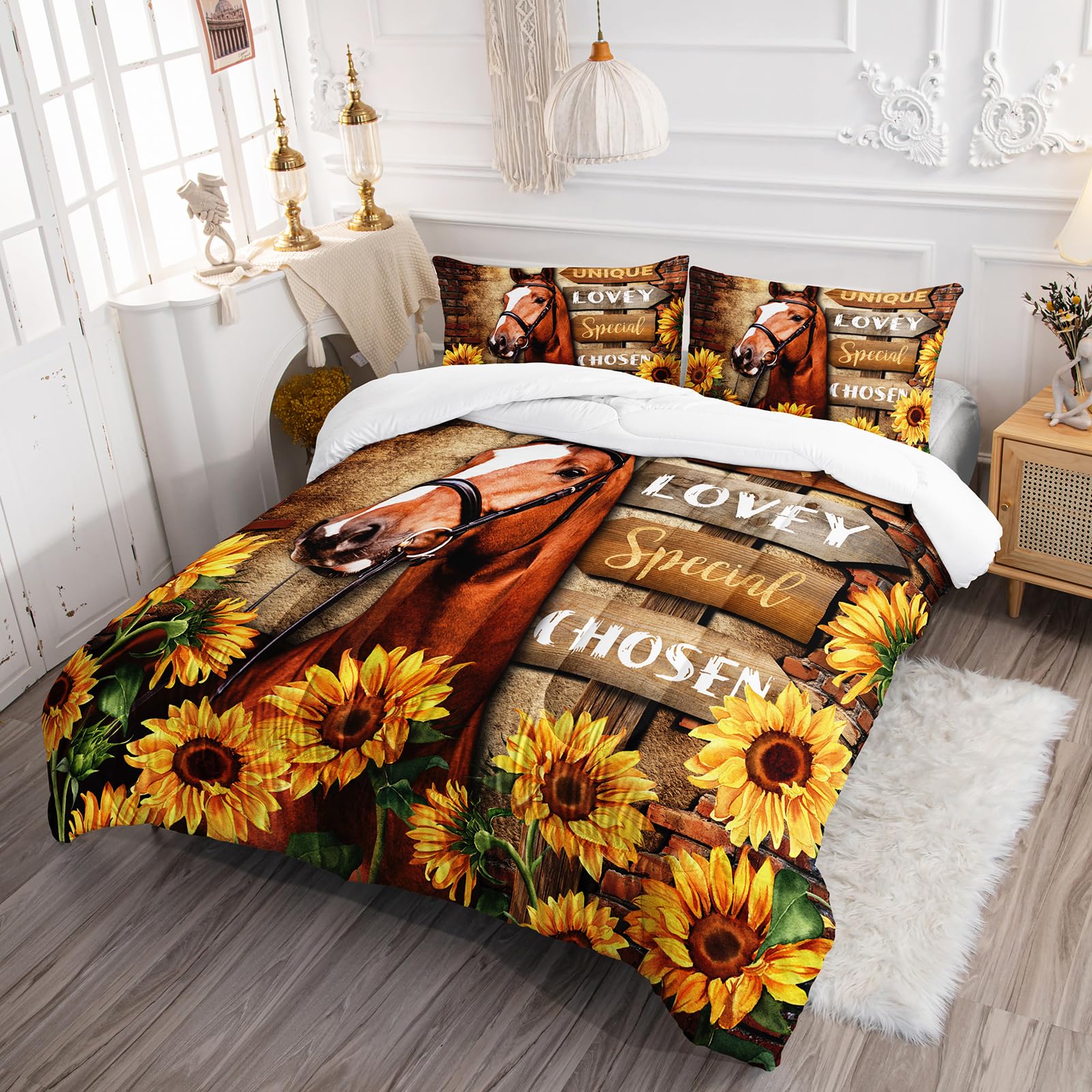 BSNTHO Horse Comforter Set Full Size,Peach Blossom 3 Piece Bedding Set,Girl Comforter with Pillow Shames, for All Seasons, Ultra-Soft, Lightweight, Breathable