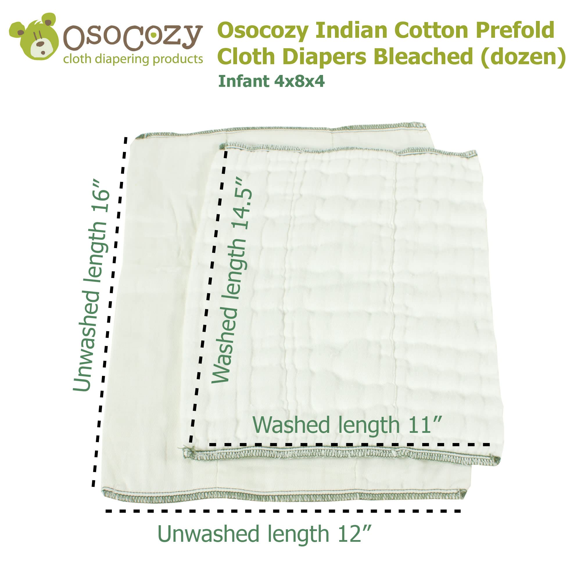OsoCozy - Prefold Cloth Diapers (1 Dz) - Soft, Absorbent Durable Diaper Service Quality Prefolds. 100% Cotton - 12"x16", Fits 7-15 Lbs. - (Infant 4x8x4)