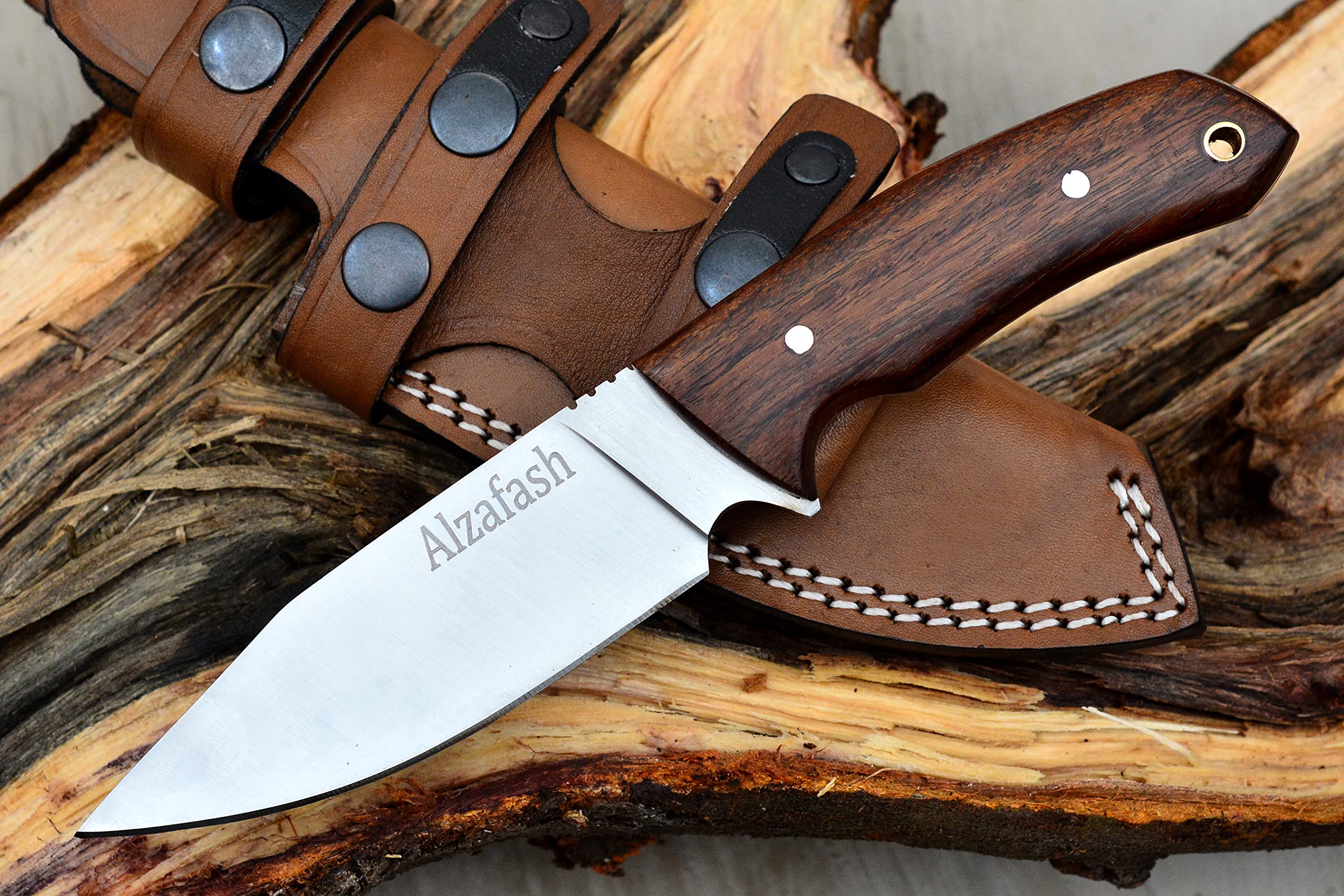 ALZAFASH Horizontal Carry Knife | Tracker Knife with Sheath | Fixed Blade Knife with Wooden Handle | Bushcraft Knife | Survival Knife | Camping Knife (Armor) No.6