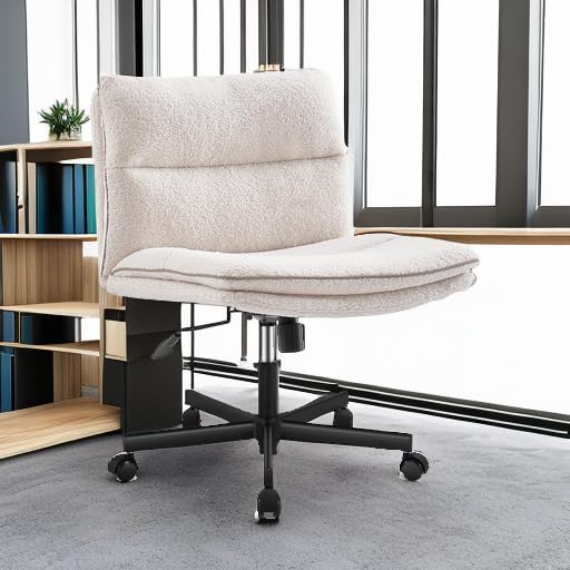 EMIAH Armless Office Desk Chair with Wheels Faux Fur Vanity Mid-Back Ergonomic Home Computer Comfortable Adjustable Swivel Furry Task Chair with Thickened Cushion
