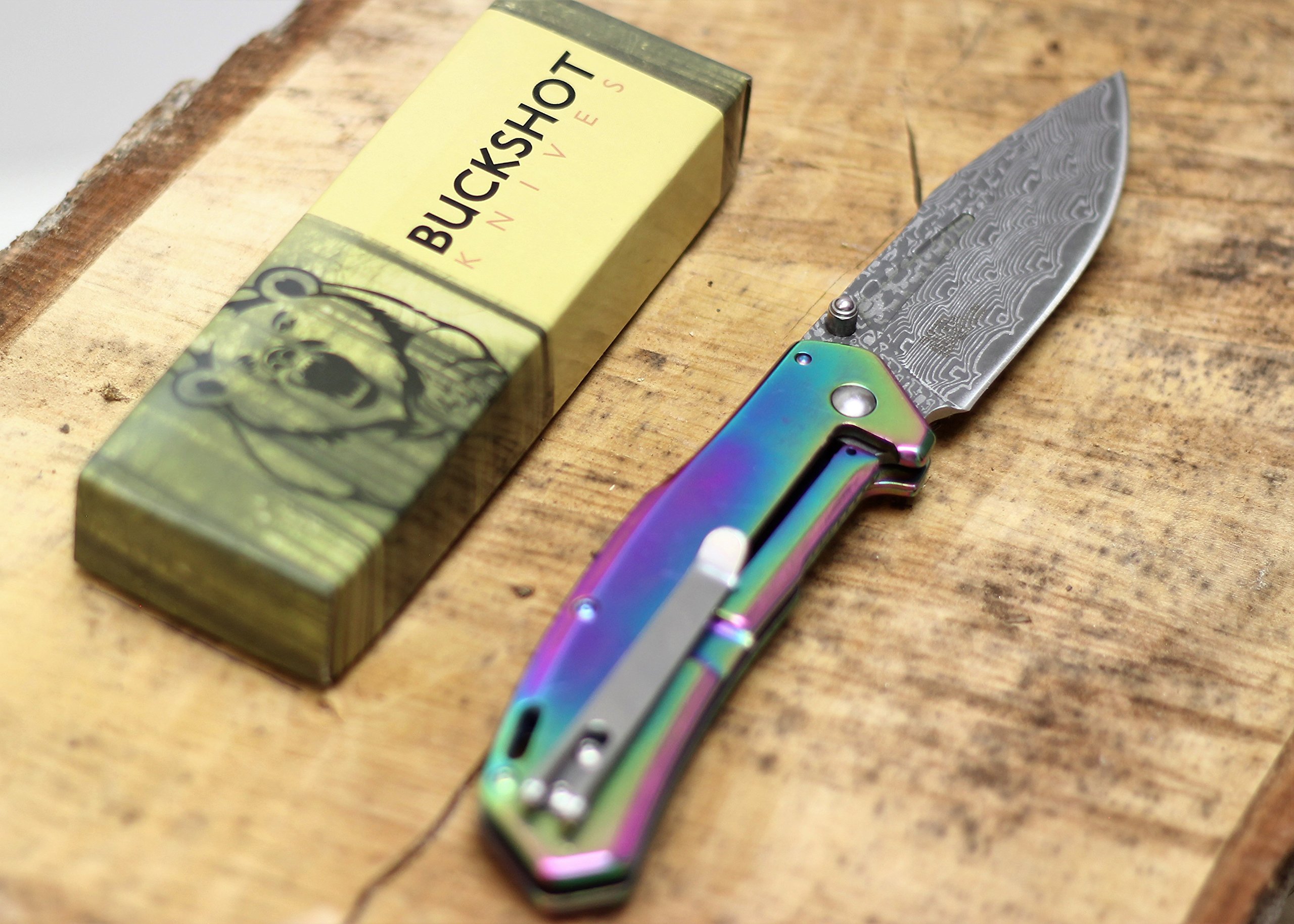 Buckshot Knives Thumb Open Spring Assisted Stainless Steel Titanium Handle with 3D Etched Inlay, Etched Damascus Wave Blade Pocket Knife (PBK215RW)